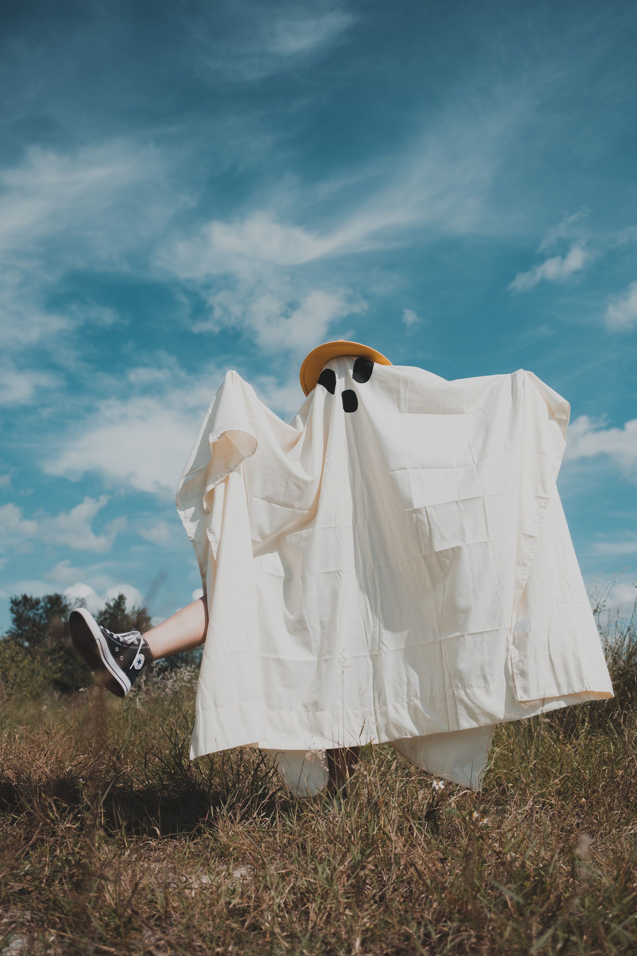 A Person Standing on Green Grass Field while Wearing Ghost Costume ...