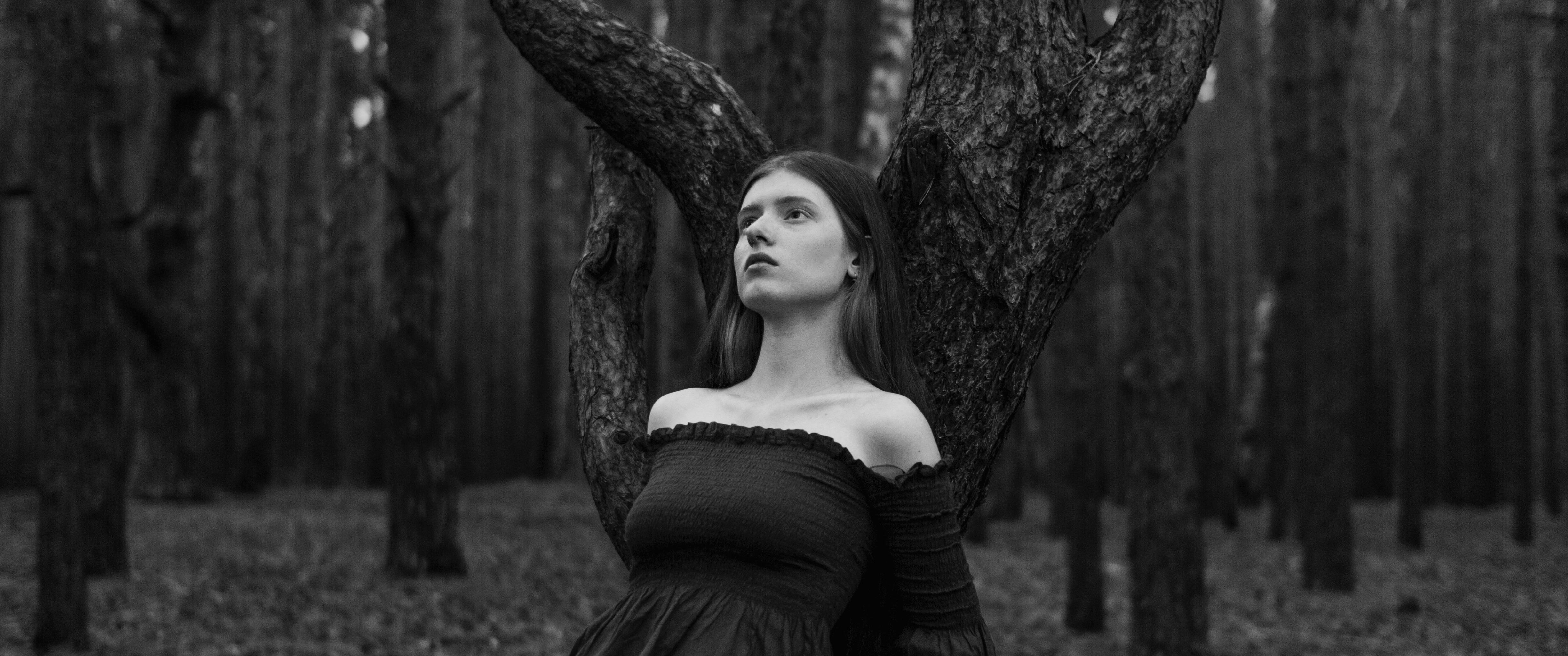 Person Standing among Trees in Forest in Black and White · Free Stock Photo
