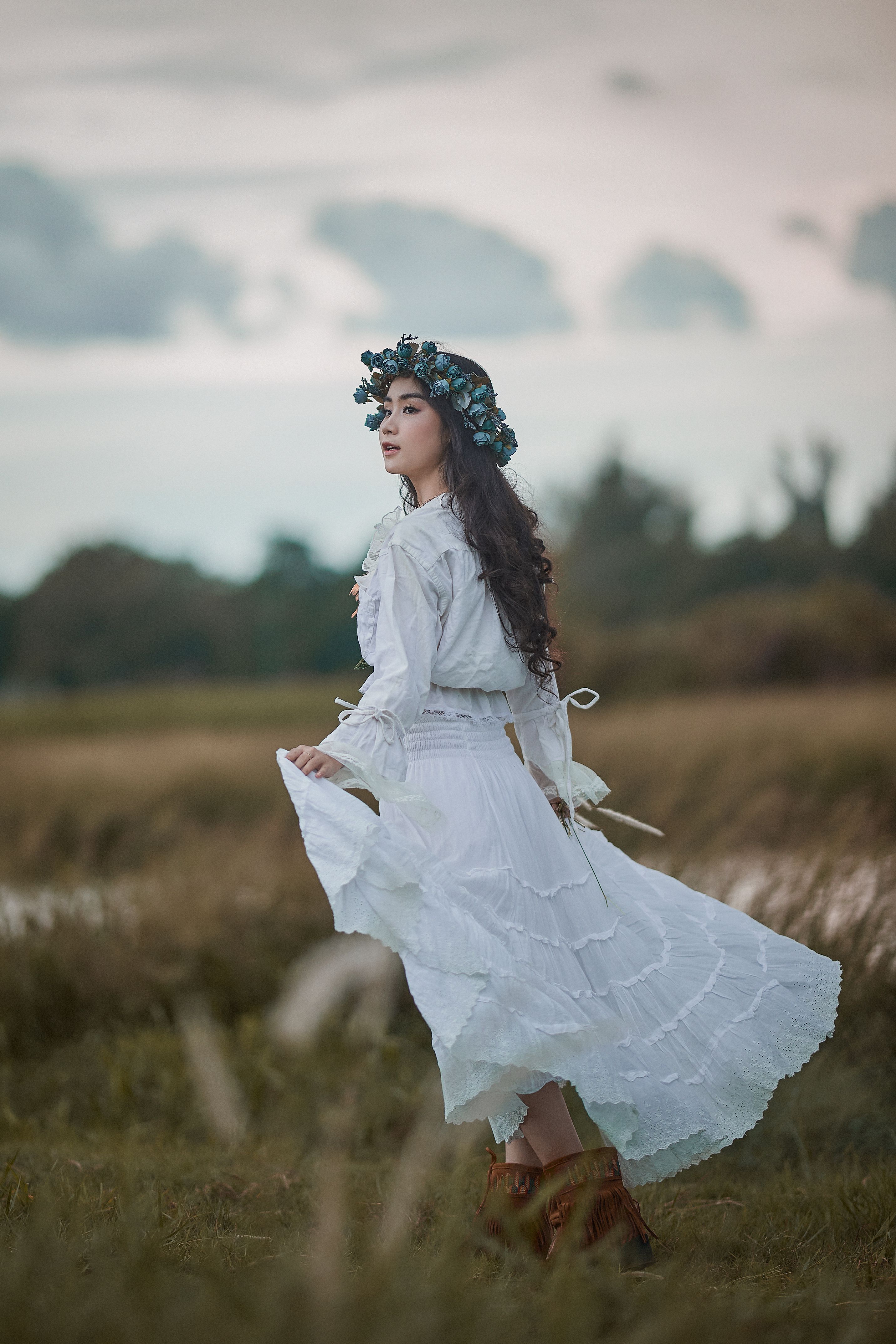 Woman in White Dress Wearing a Flower Crown · Free Stock Photo