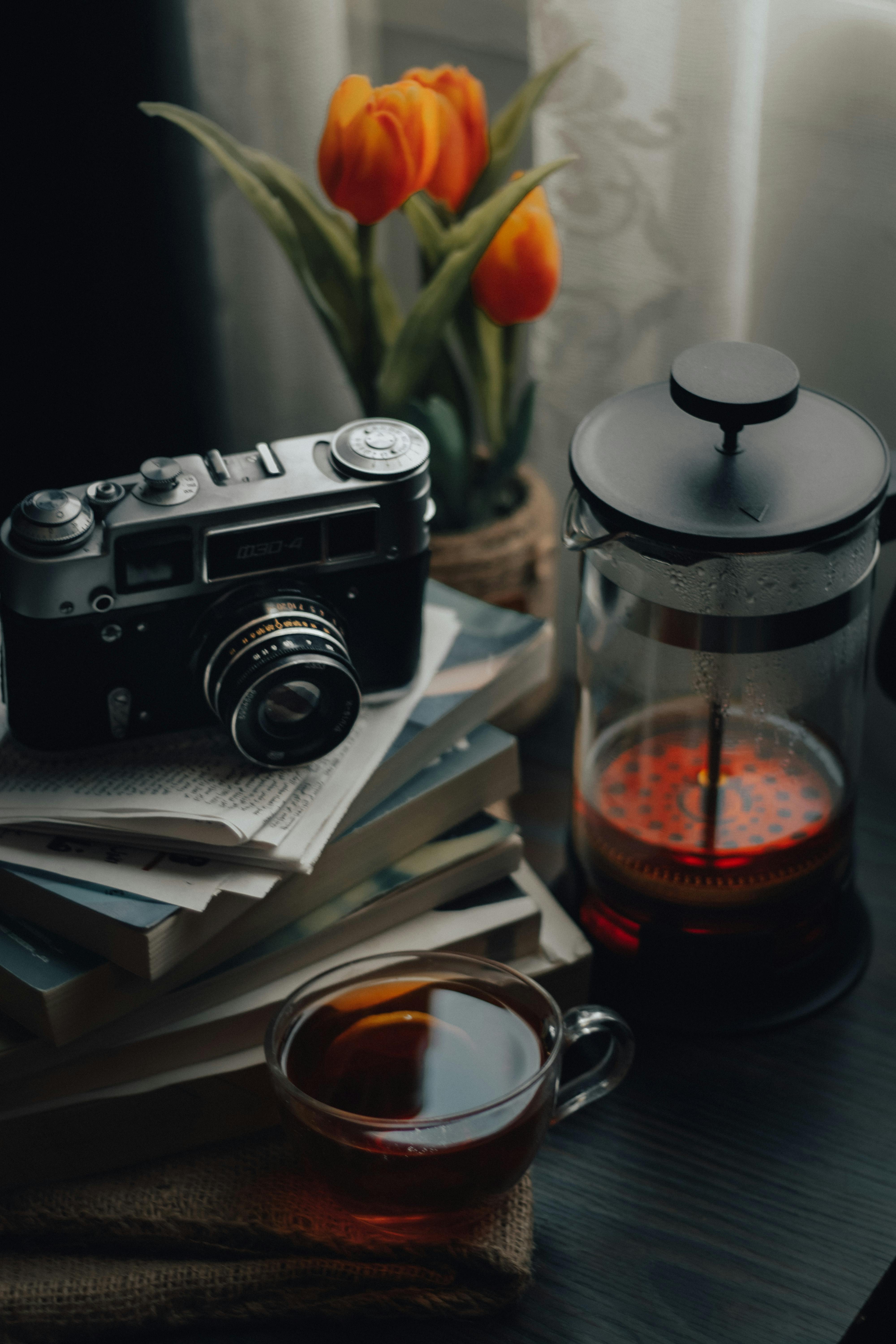 Tea, Camera and Flower Bouquet · Free Stock Photo