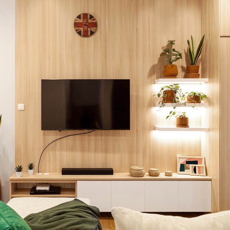Led 조명 Tv 유닛 가구 거실 나무 선반 나무 악센트 다육 목재 패널 목조 벽 목조 선반 미니멀리스트