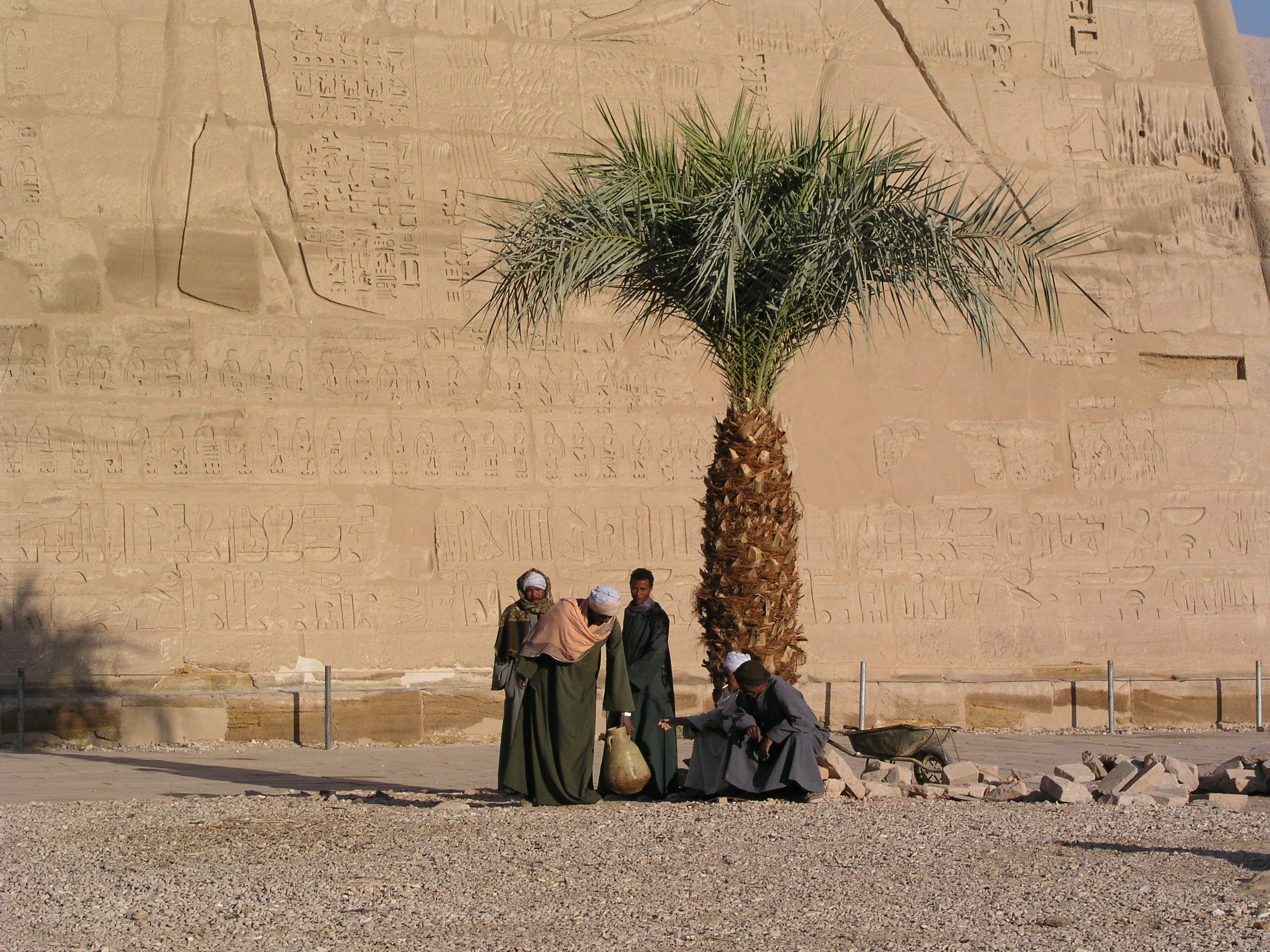 Peple Sitting under Palm near Ancient Building with Hieroglyphs · Free ...