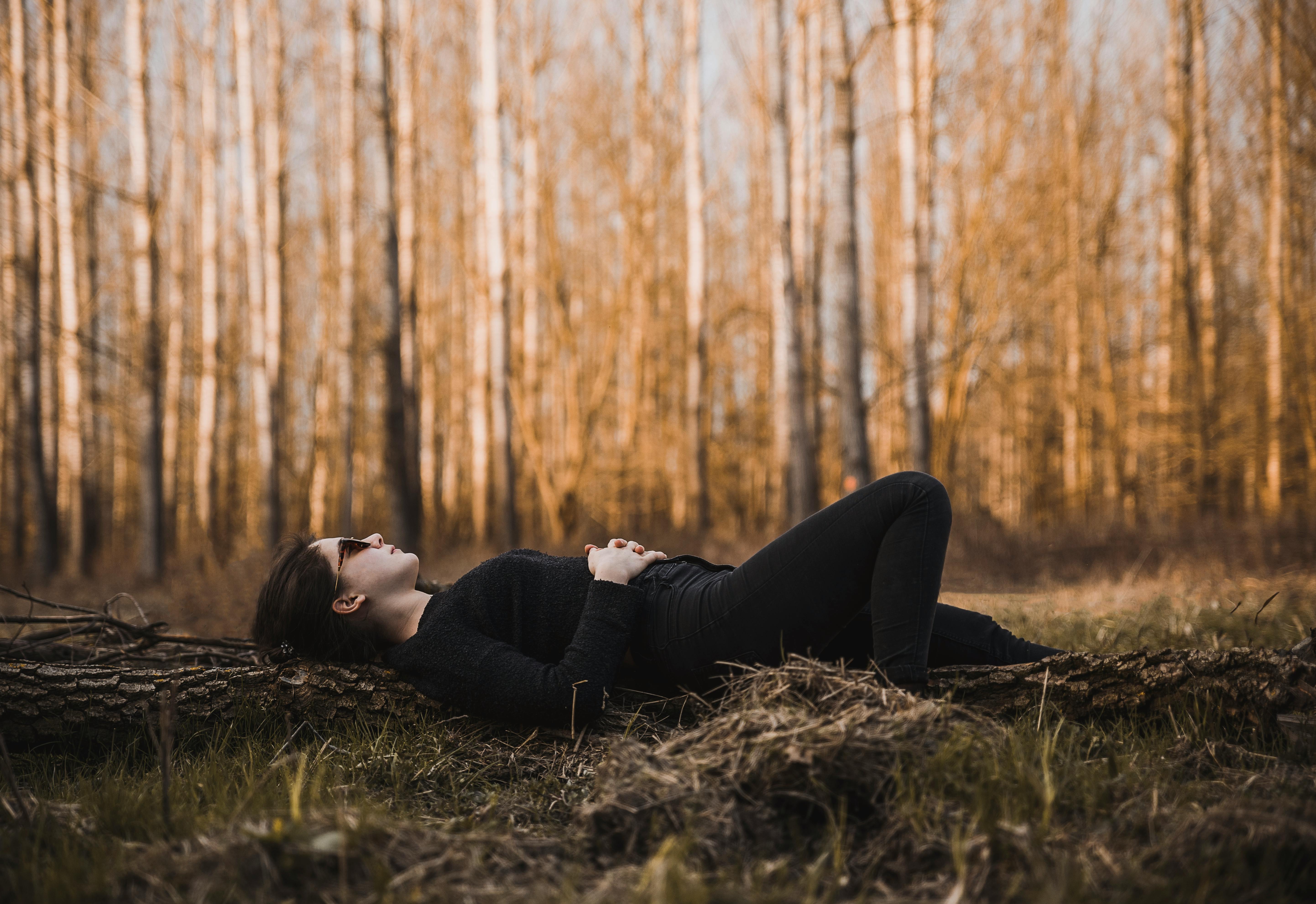 Woman Lying on the Ground Surrounded by Bare Trees · Free Stock Photo