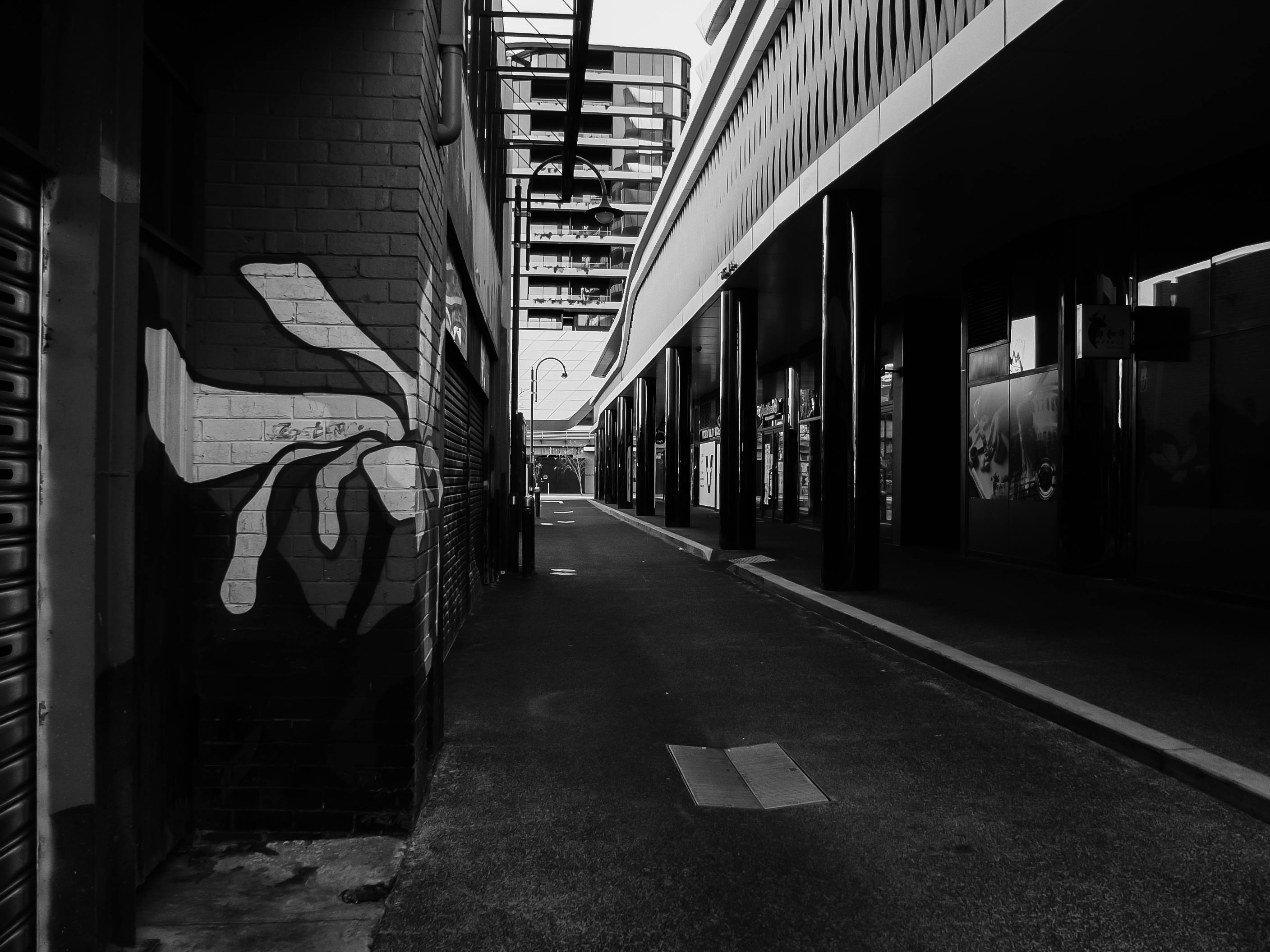 Grayscale Photo of an Empty Alley · Free Stock Photo
