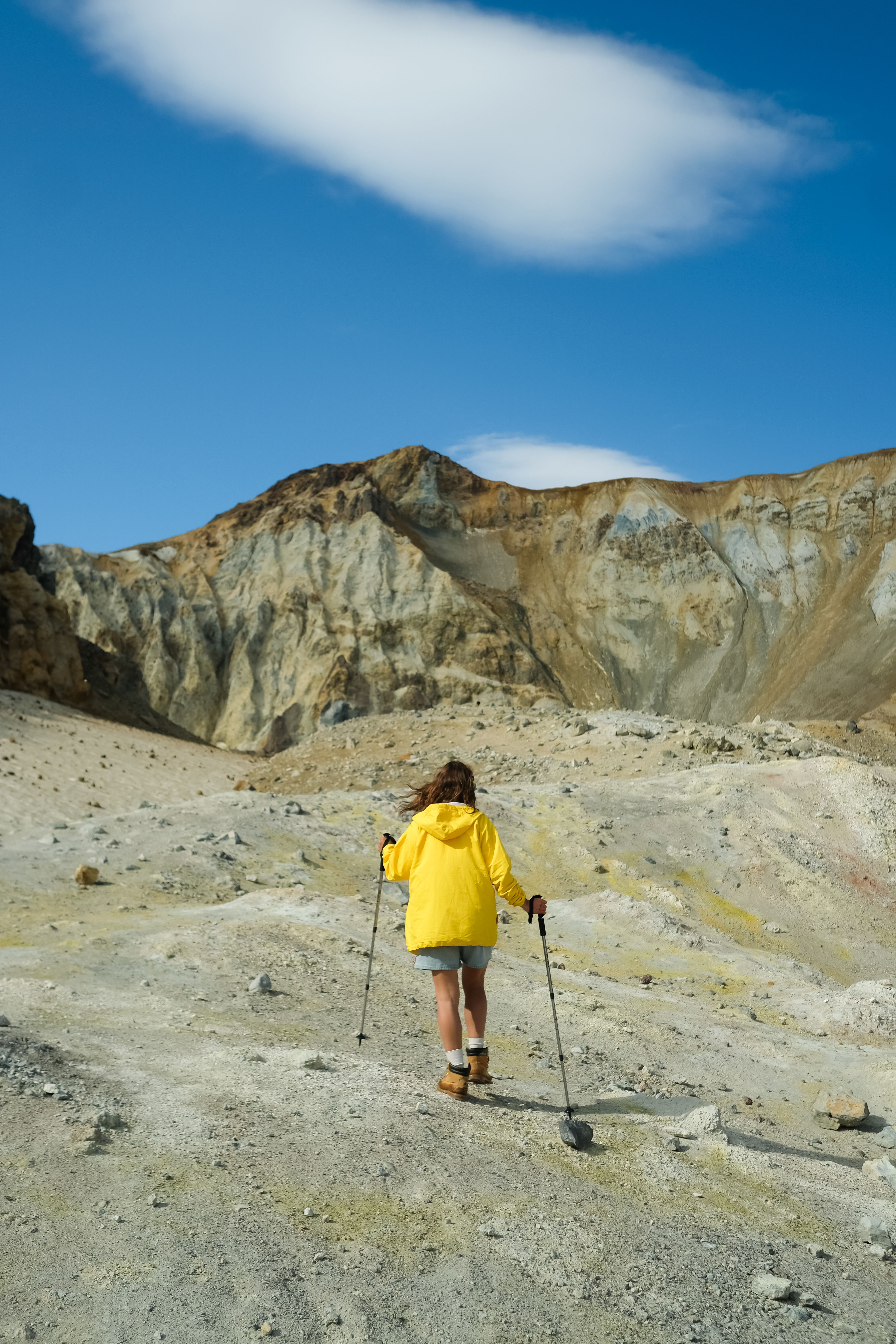Person in Yellow Jacket and Blue Denim Shorts Hiking on the Rocky ...