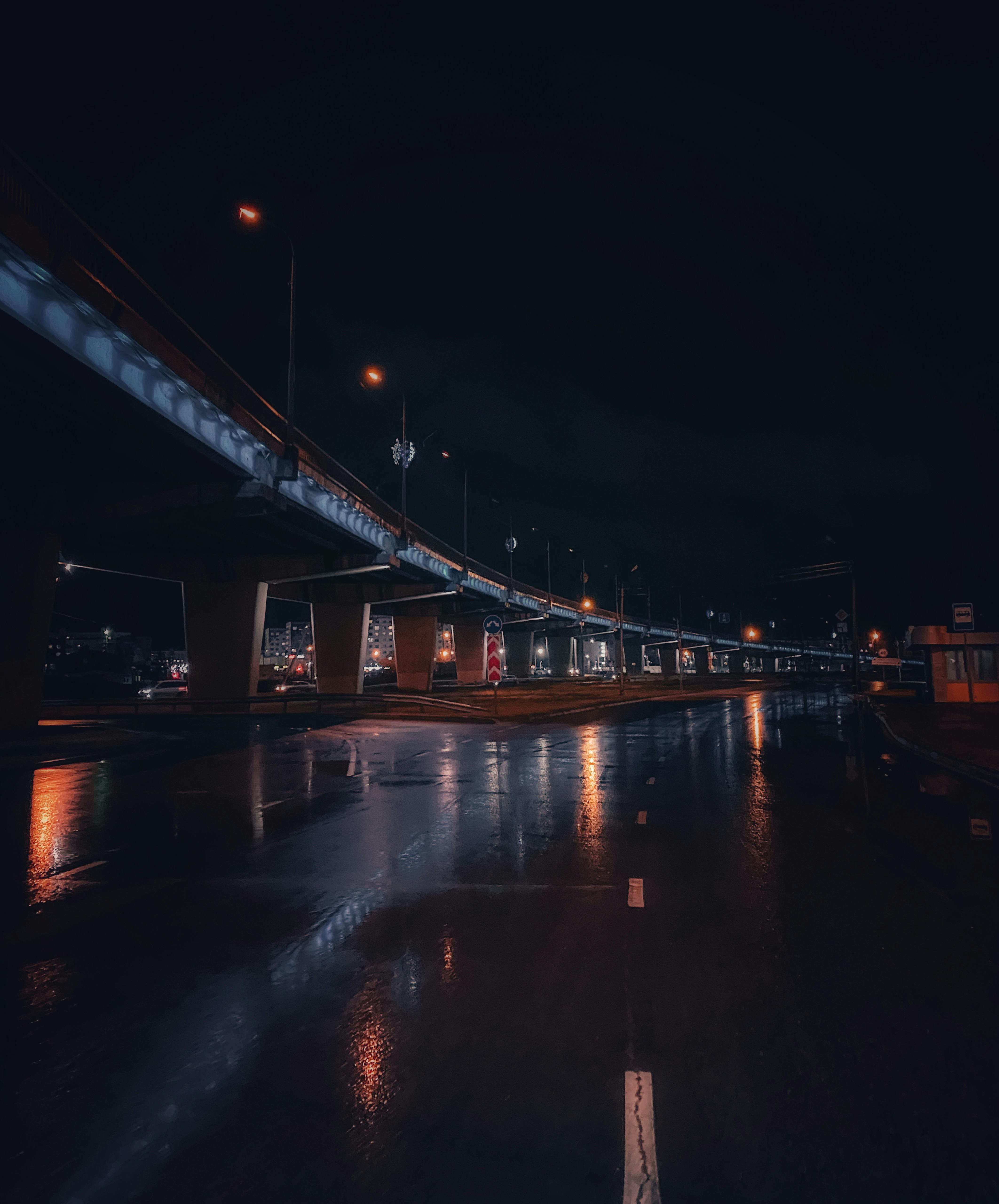 Highway under Bridge after Rain at Night · Free Stock Photo