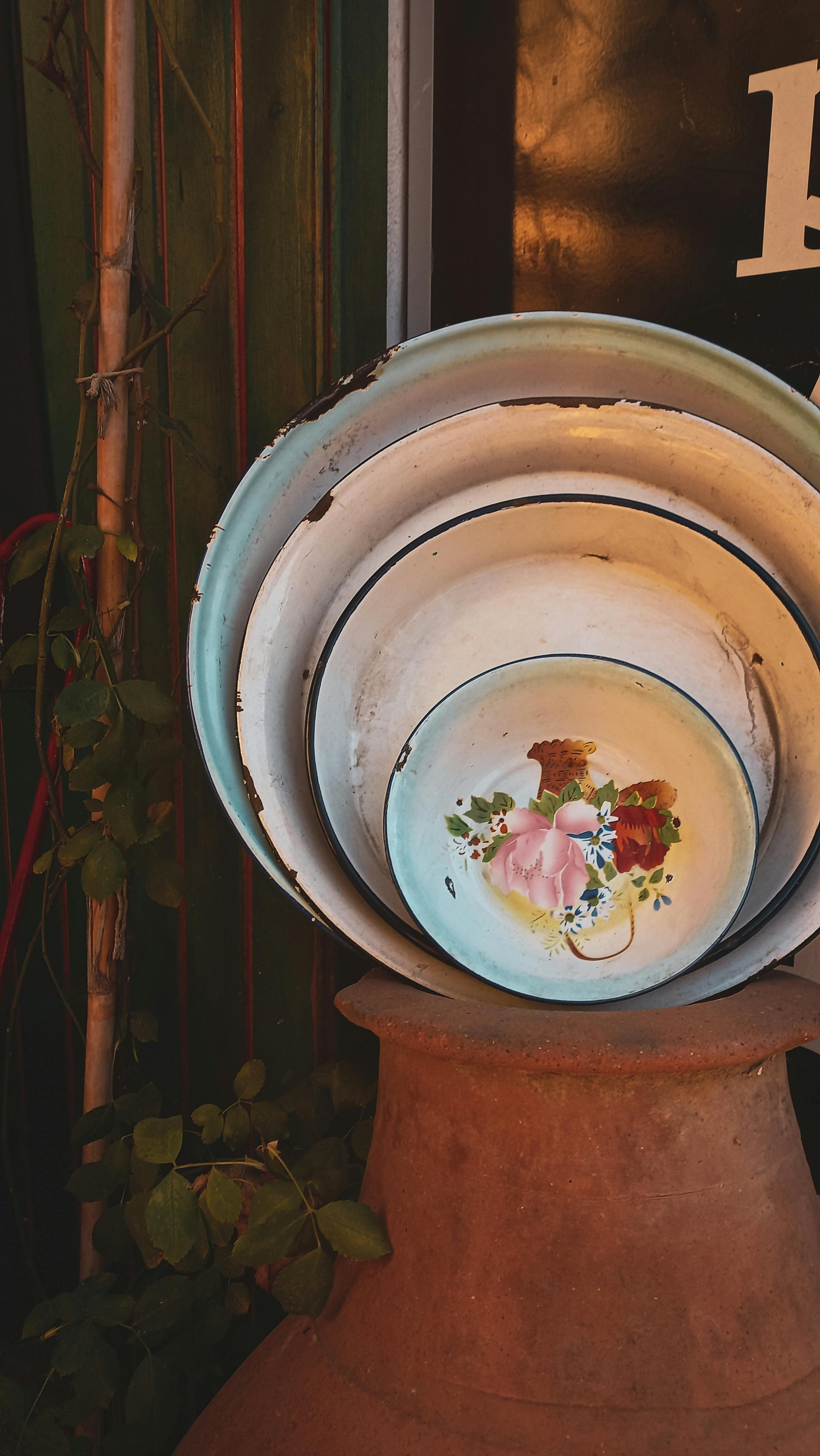 A Round Floral Glued Basins on a Brown Pot · Free Stock Photo