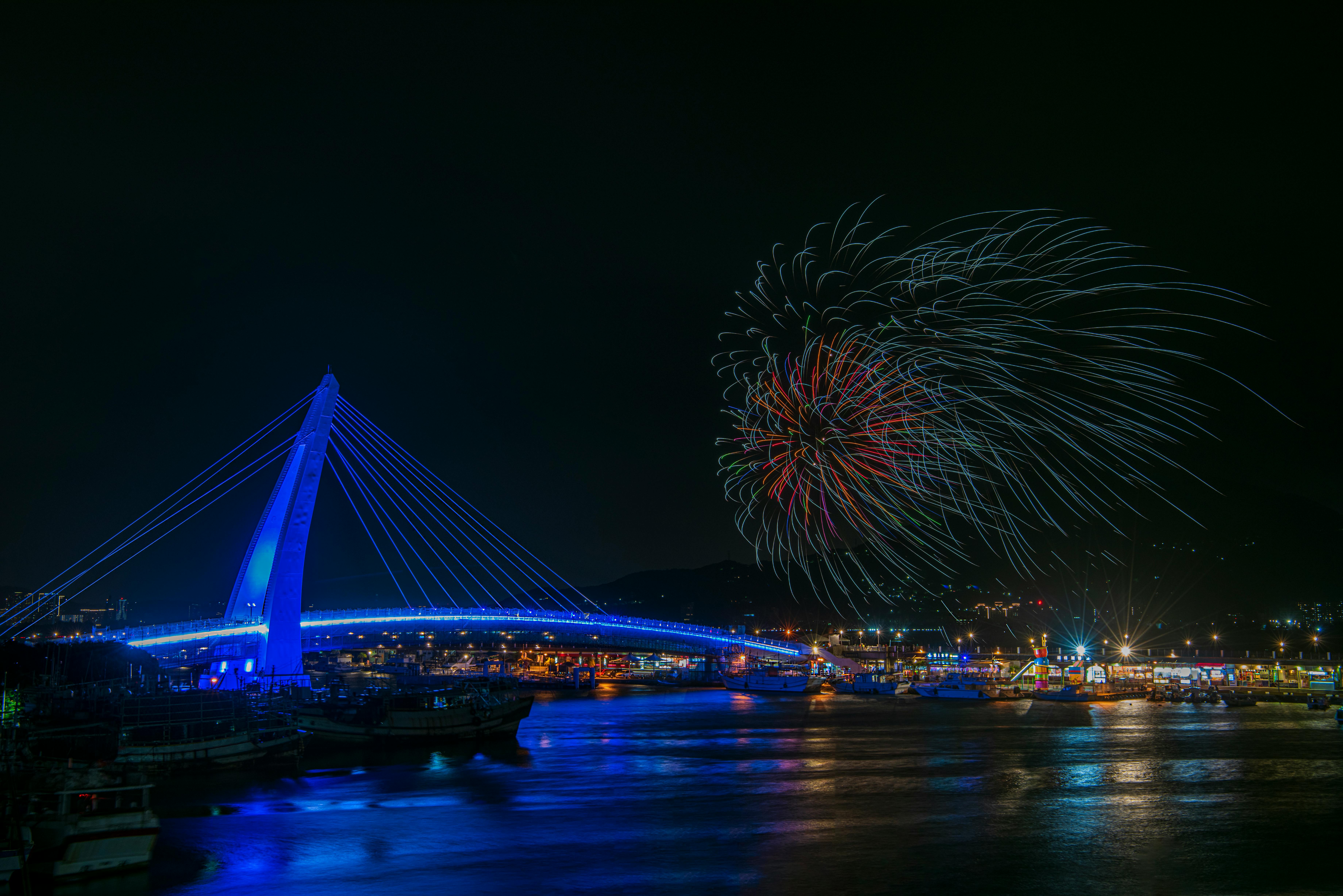Fireworks over Bridge at Night · Free Stock Photo