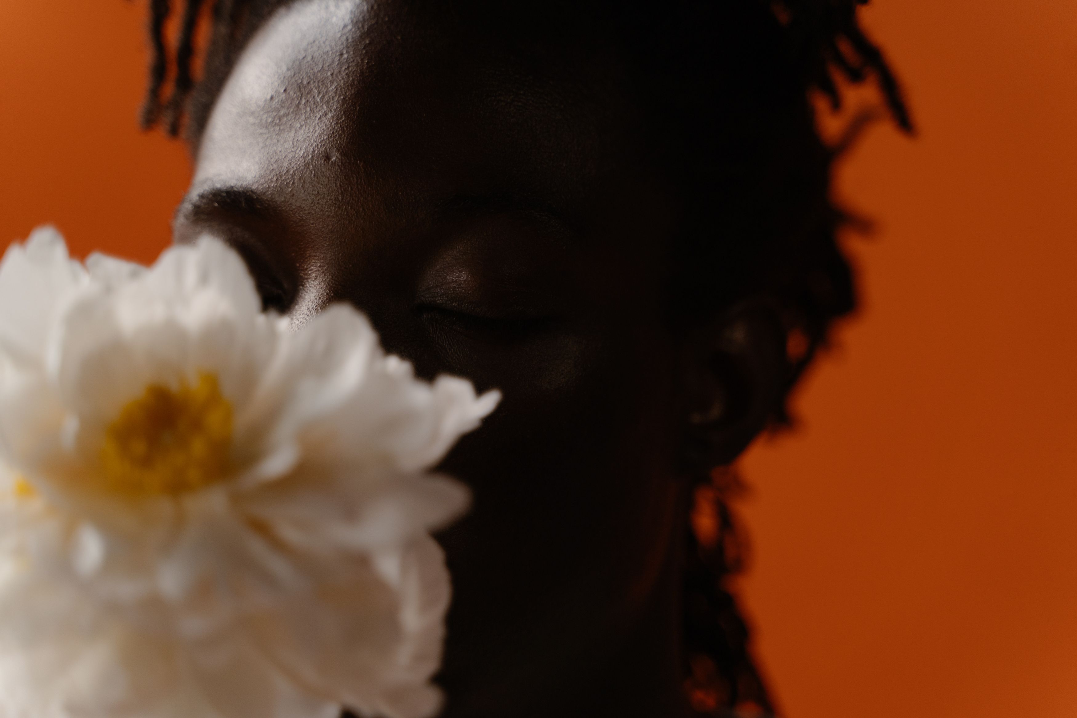 Close-up Photo of a Man Smelling a White Flower · Free Stock Photo