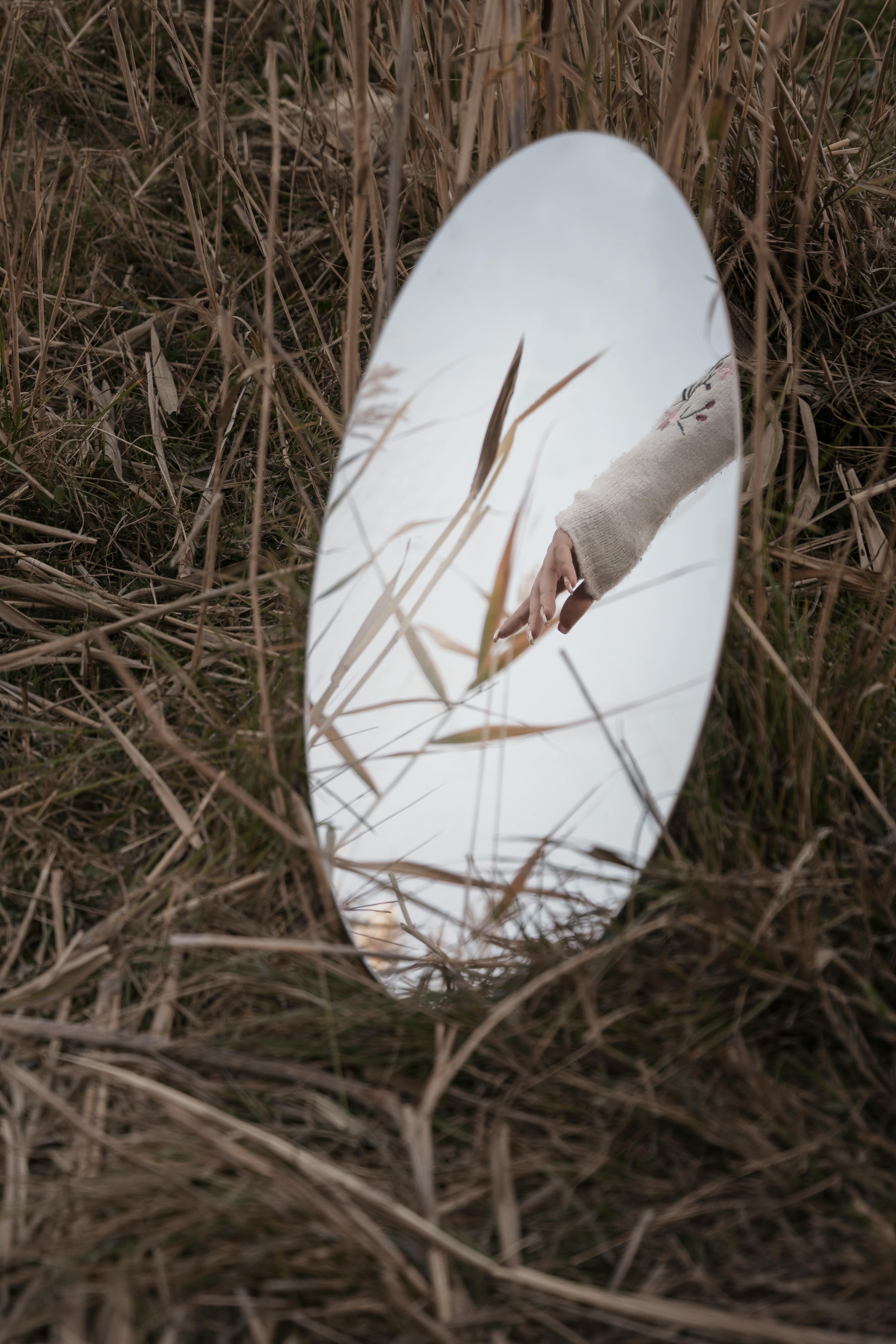 Reflection of Hand in Mirror Standing in Grass · Free Stock Photo
