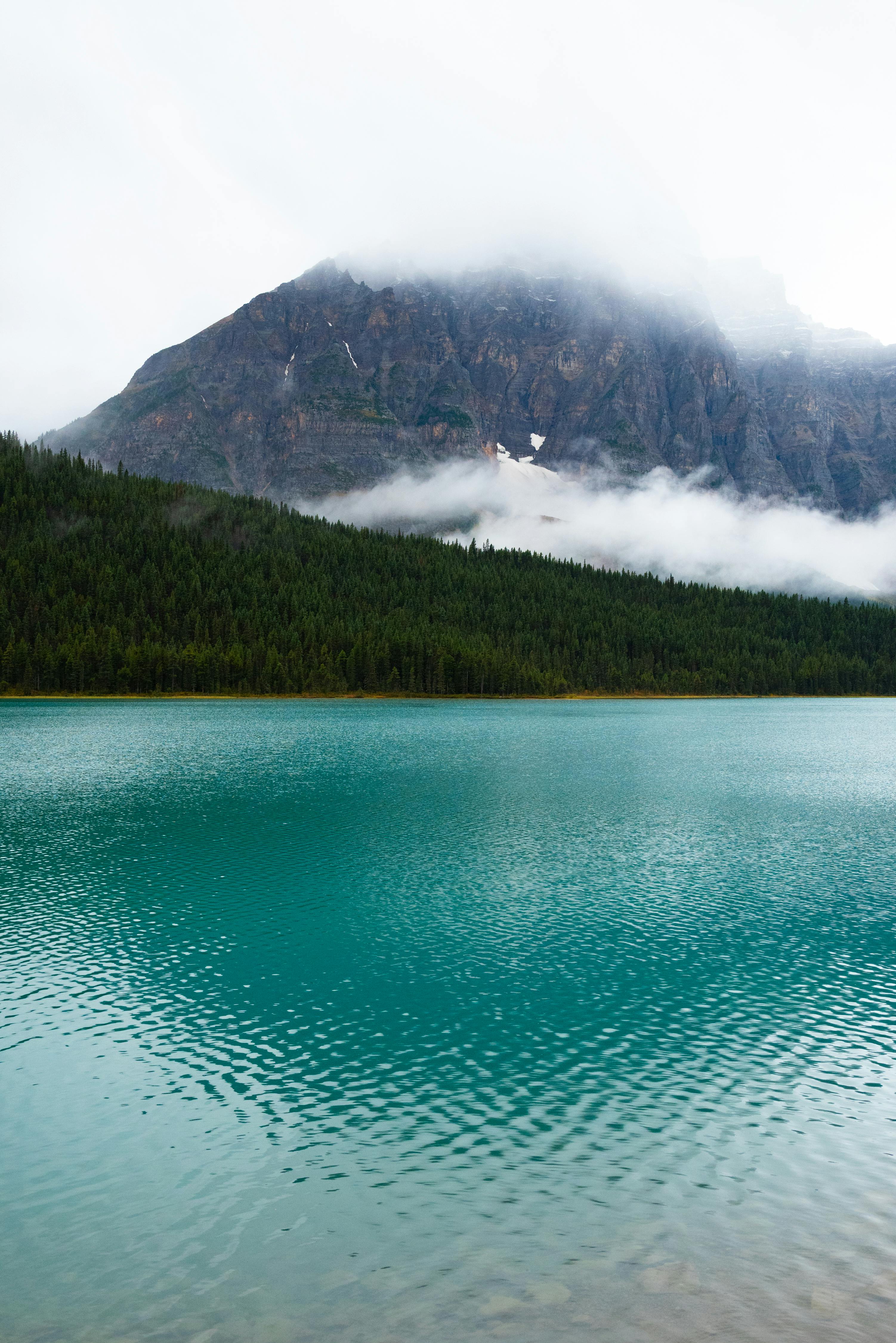 Beautiful Green Lake Near the Foggy Mountains · Free Stock Photo