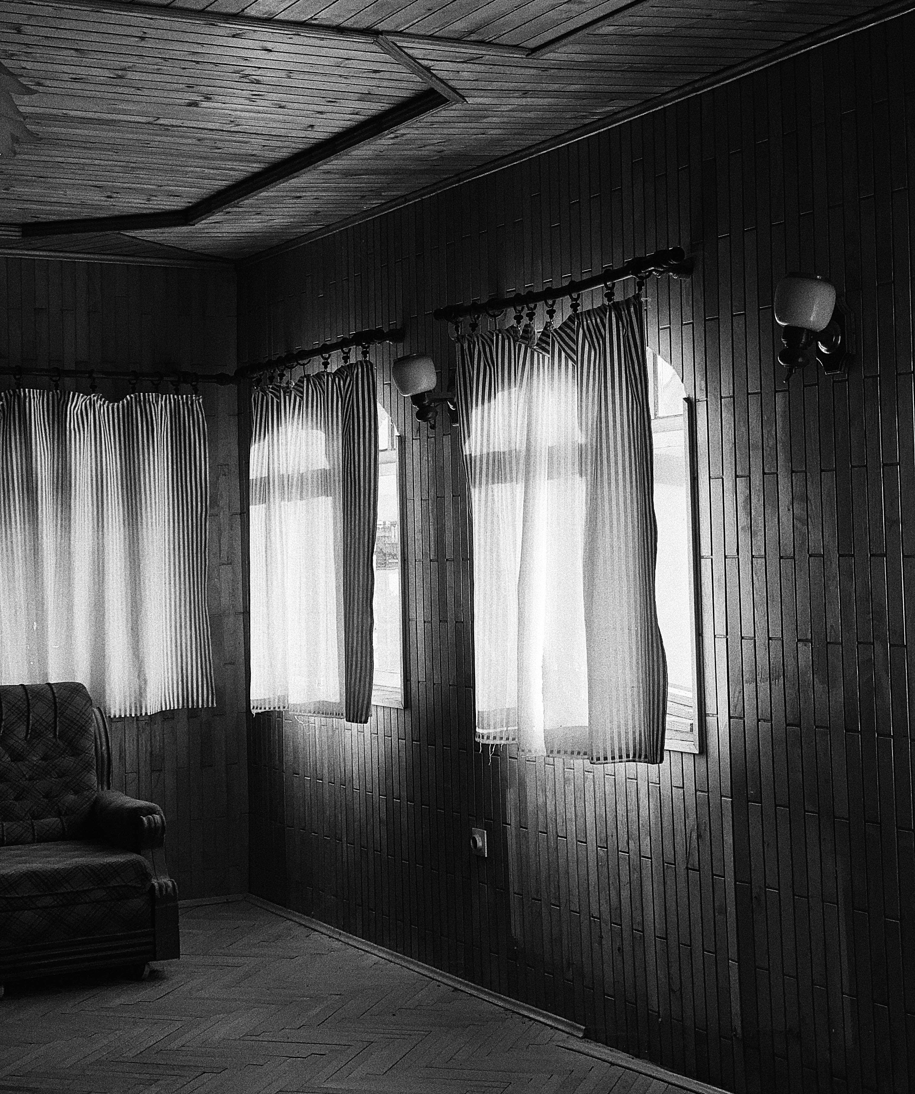 Grayscale Photography of Windows with Curtains · Free Stock Photo