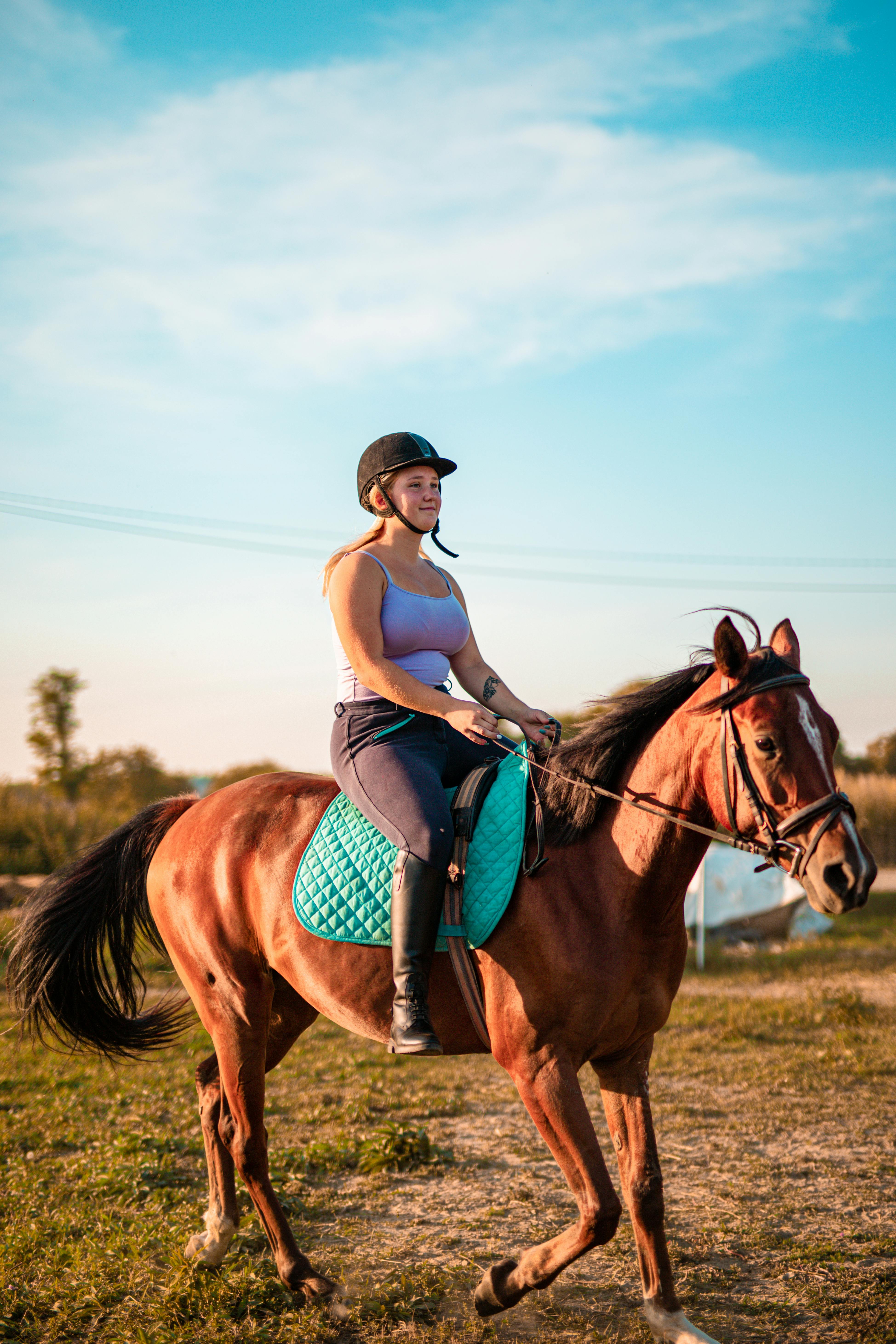 Woman in White Tank Top Riding Brown Horse · Free Stock Photo