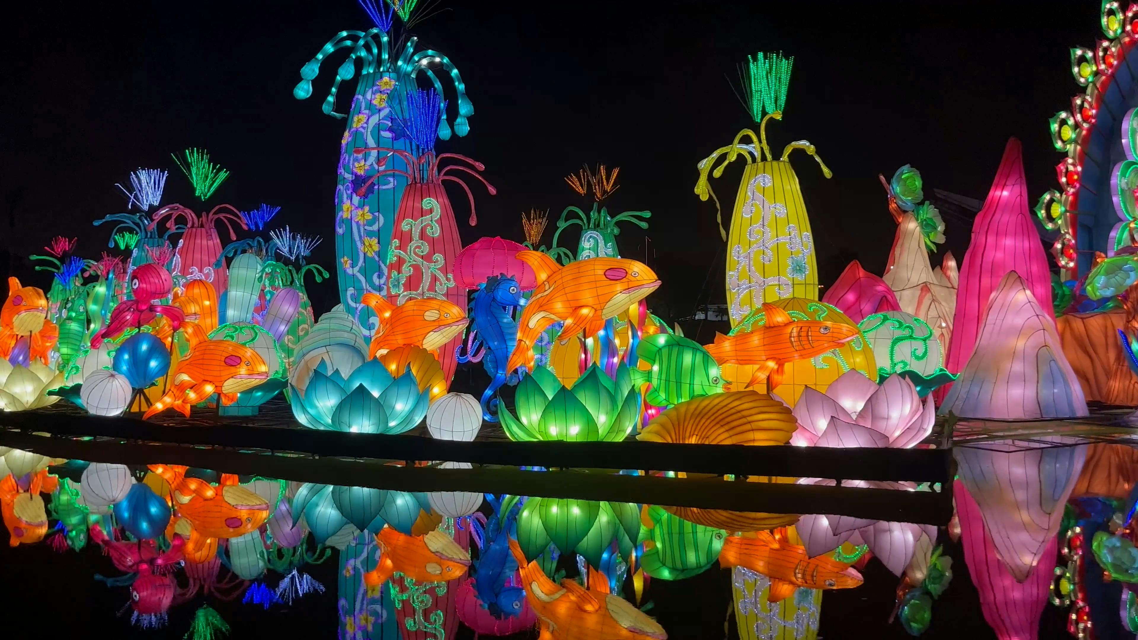 String Of Changing Color Lights Hanging From A Mirror Ceiling Free ...