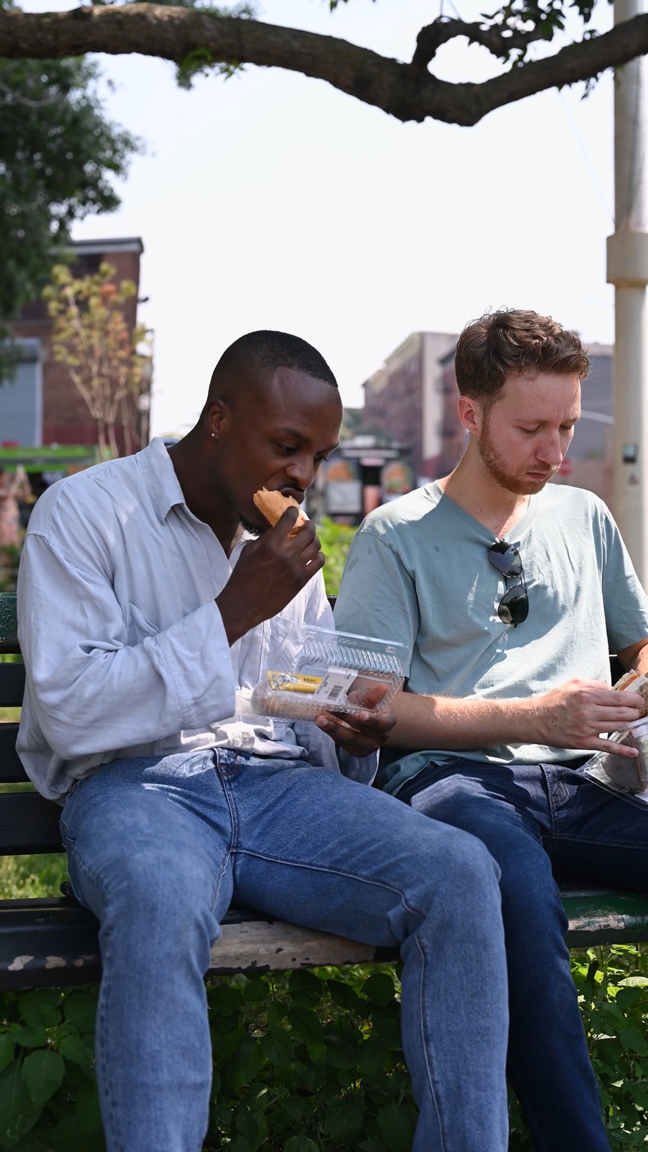 Two Young Men Sitting on a Park Bench Having Lunch Free Stock Video ...