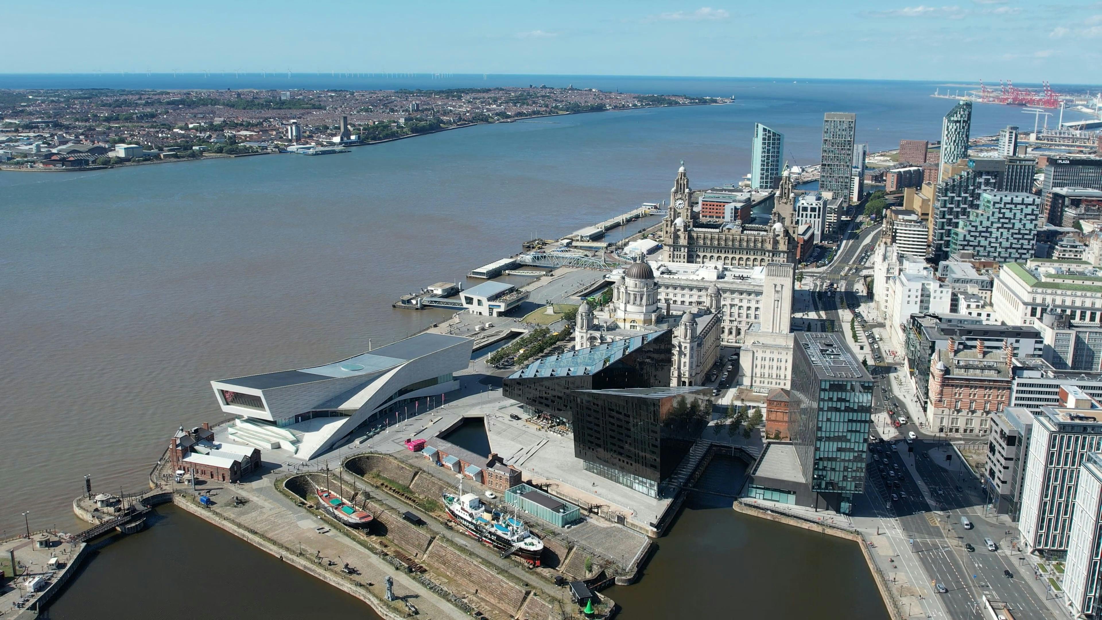 Aerial View of the Coastal City of Liverpool, England Free Stock Video ...