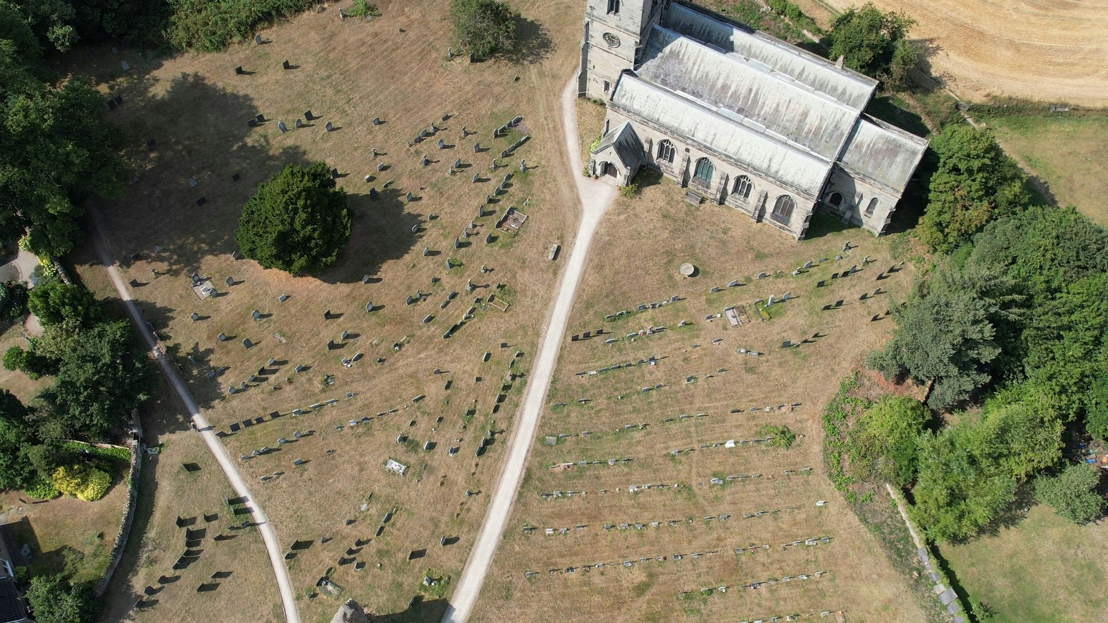 Aerial View of a Graveyard and a Church in a Rural Area Free Stock ...