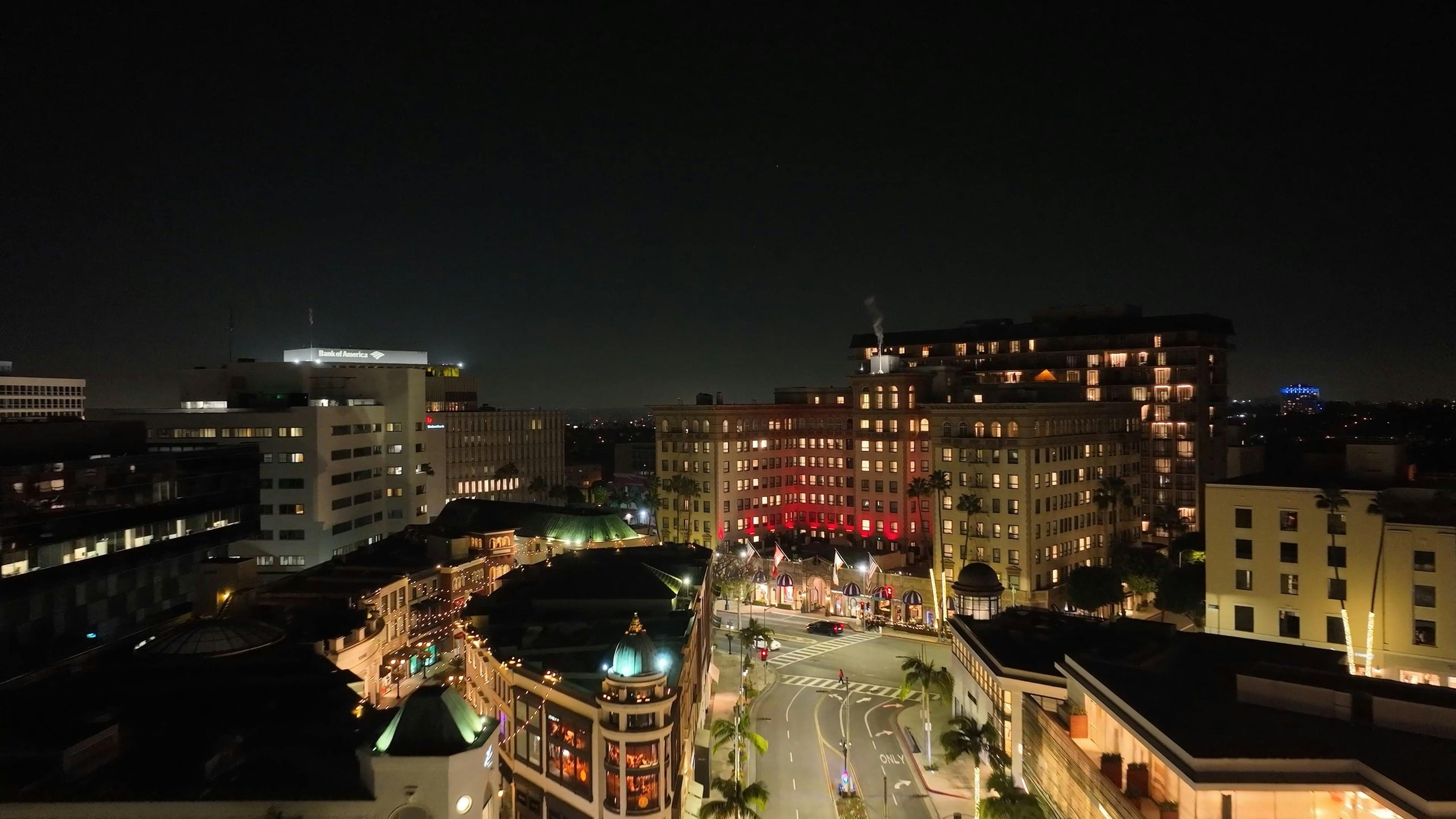 Drone View of Rodeo Drive in Beverly Hills at Night Free Stock Video ...