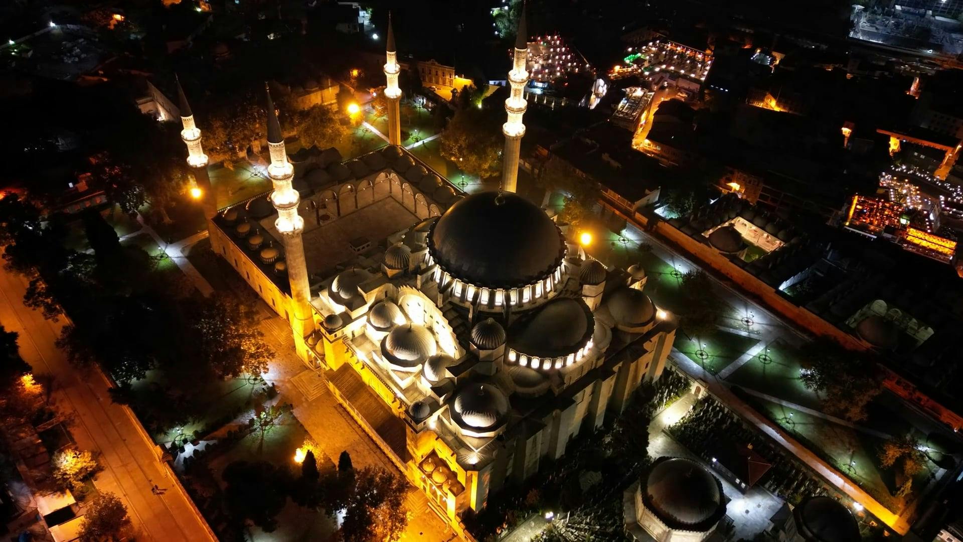 Drone View of an Illuminated Mosque at Night Free Stock Video Footage ...