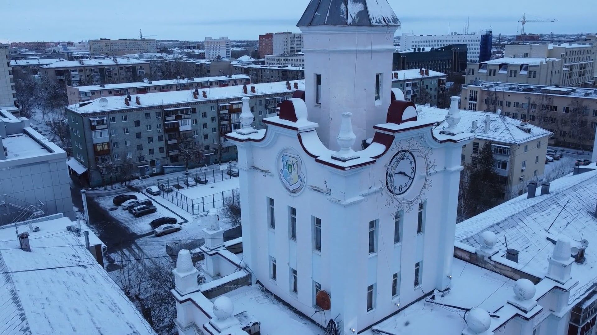 Drone Footage of the Kostanay Clock Tower Covered in Snow, Kazakhstan ...