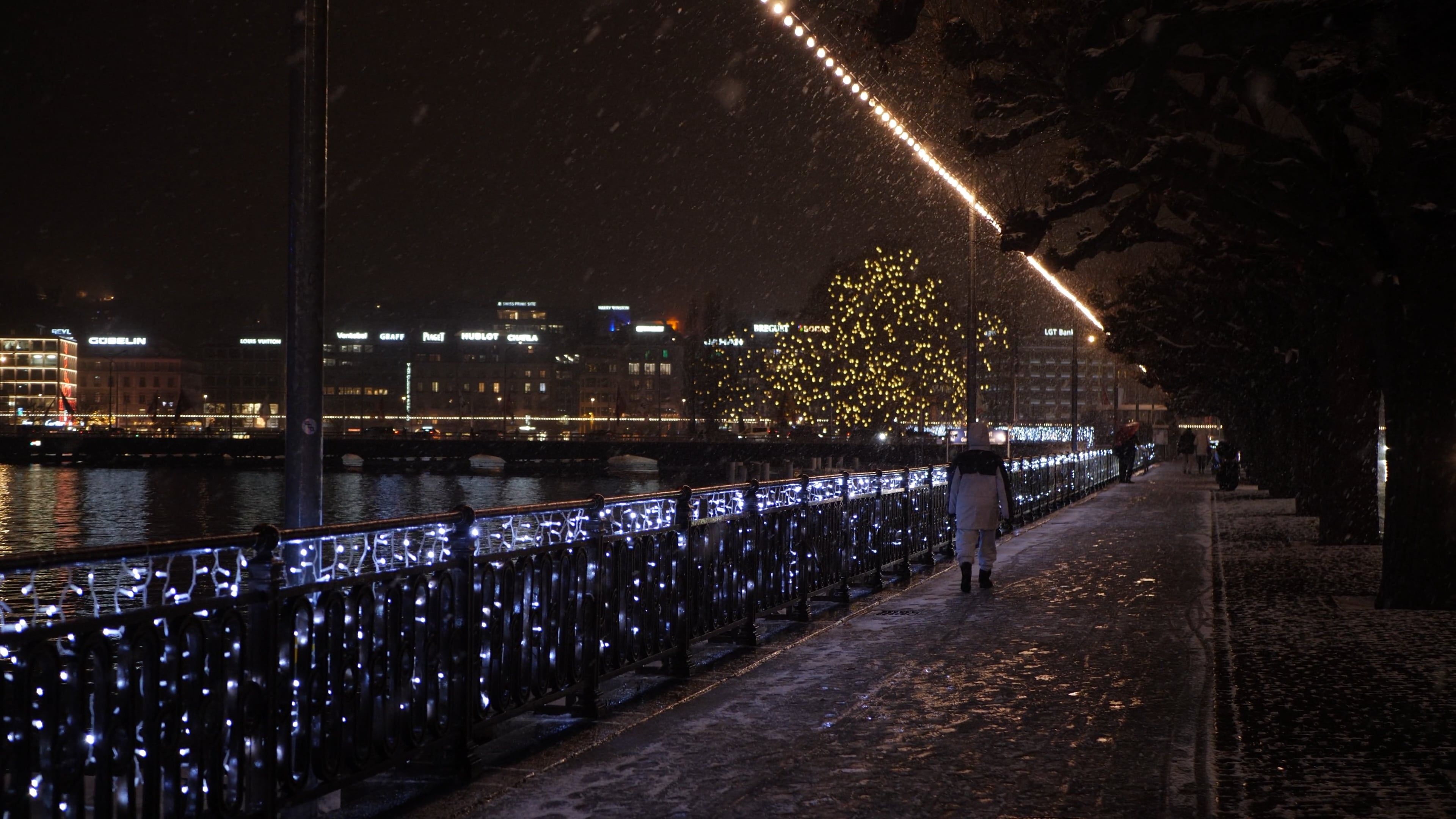 Christmas Lights Along Snowy Geneva Riverfront Free Stock Video Footage ...