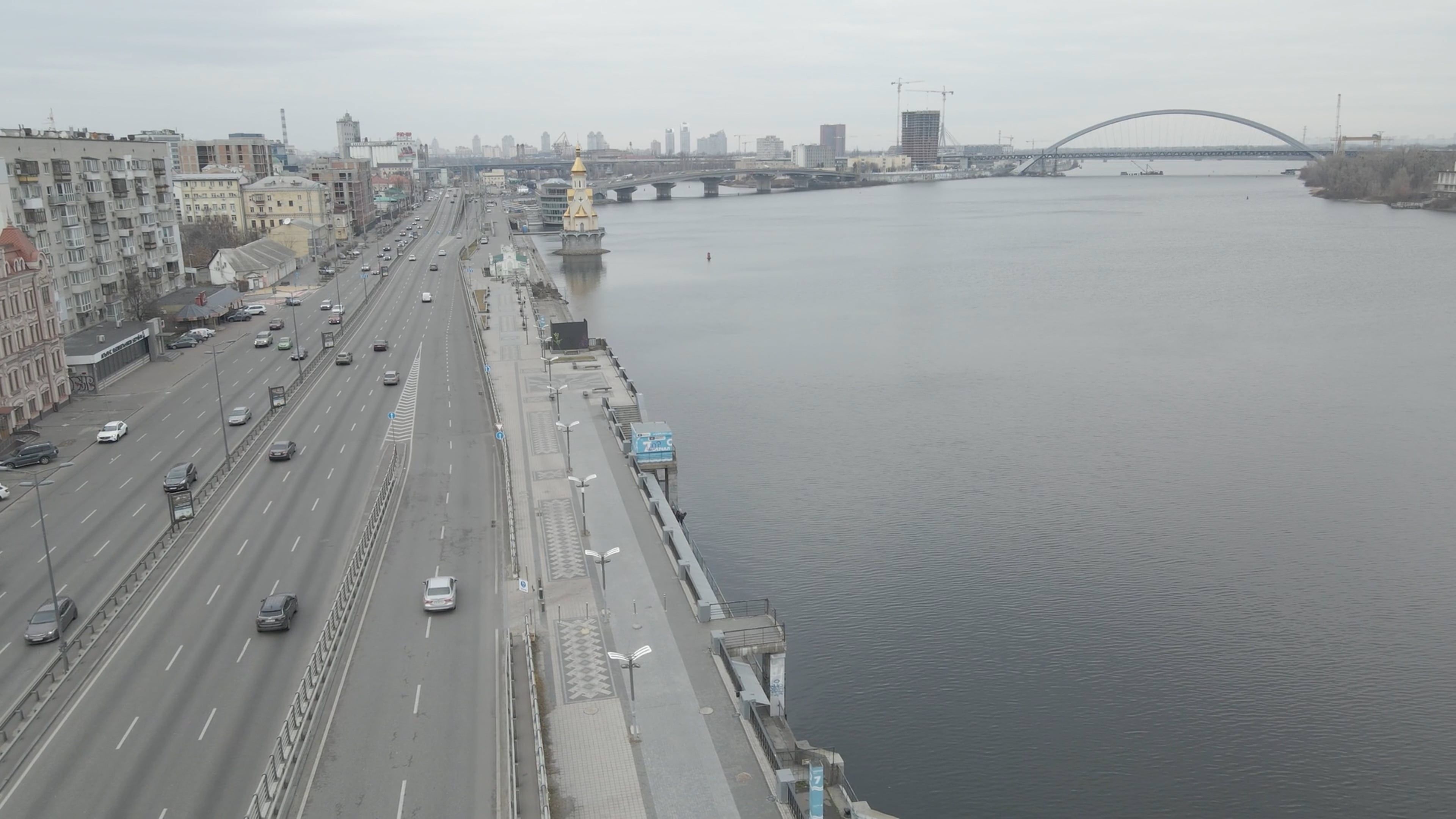 Drone Footage of Highway Traffic by the Dnieper River in Kiev, Ukraine ...