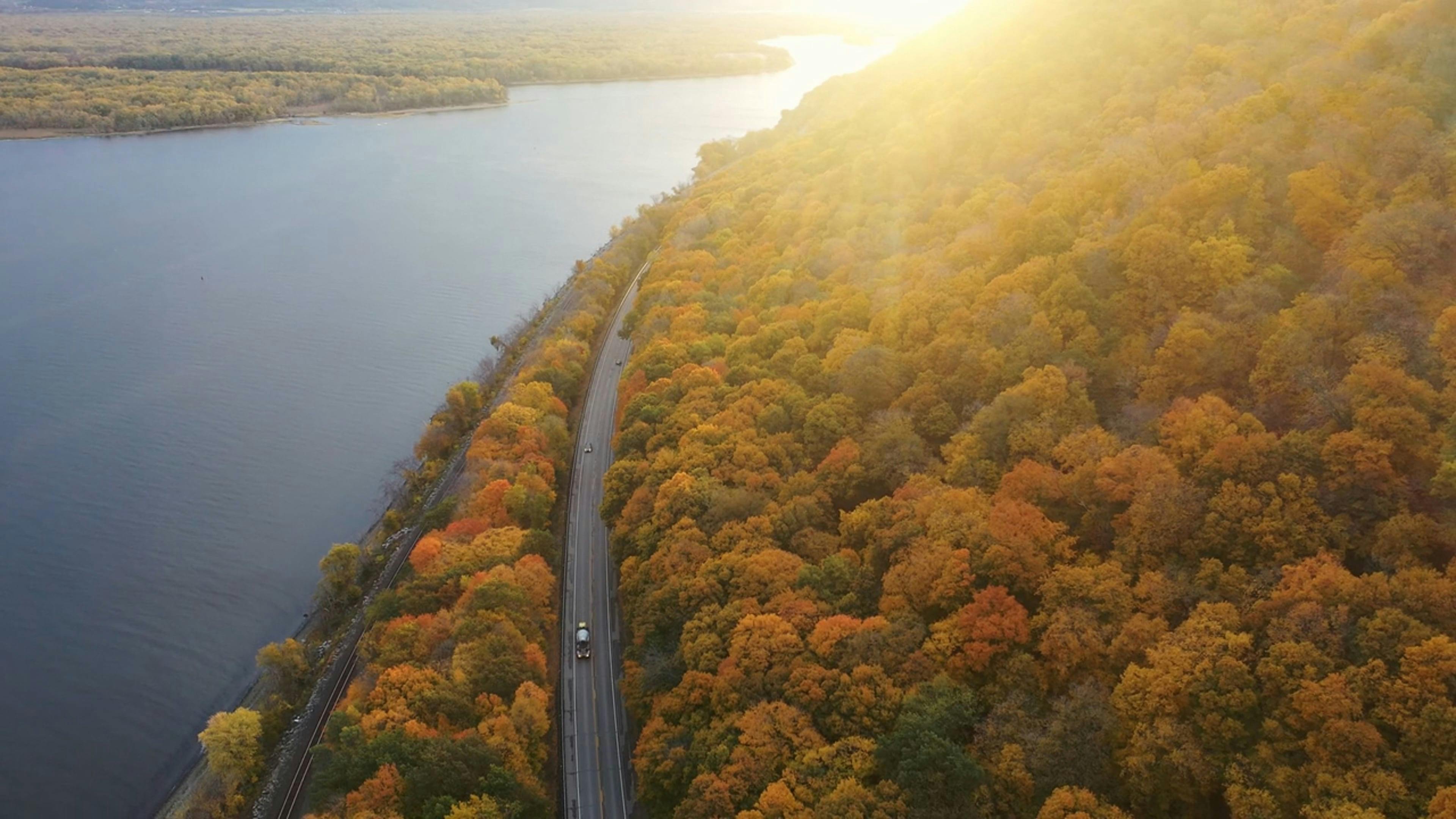 A Road between a River and a Colorful Autumn Forest Free Stock Video ...