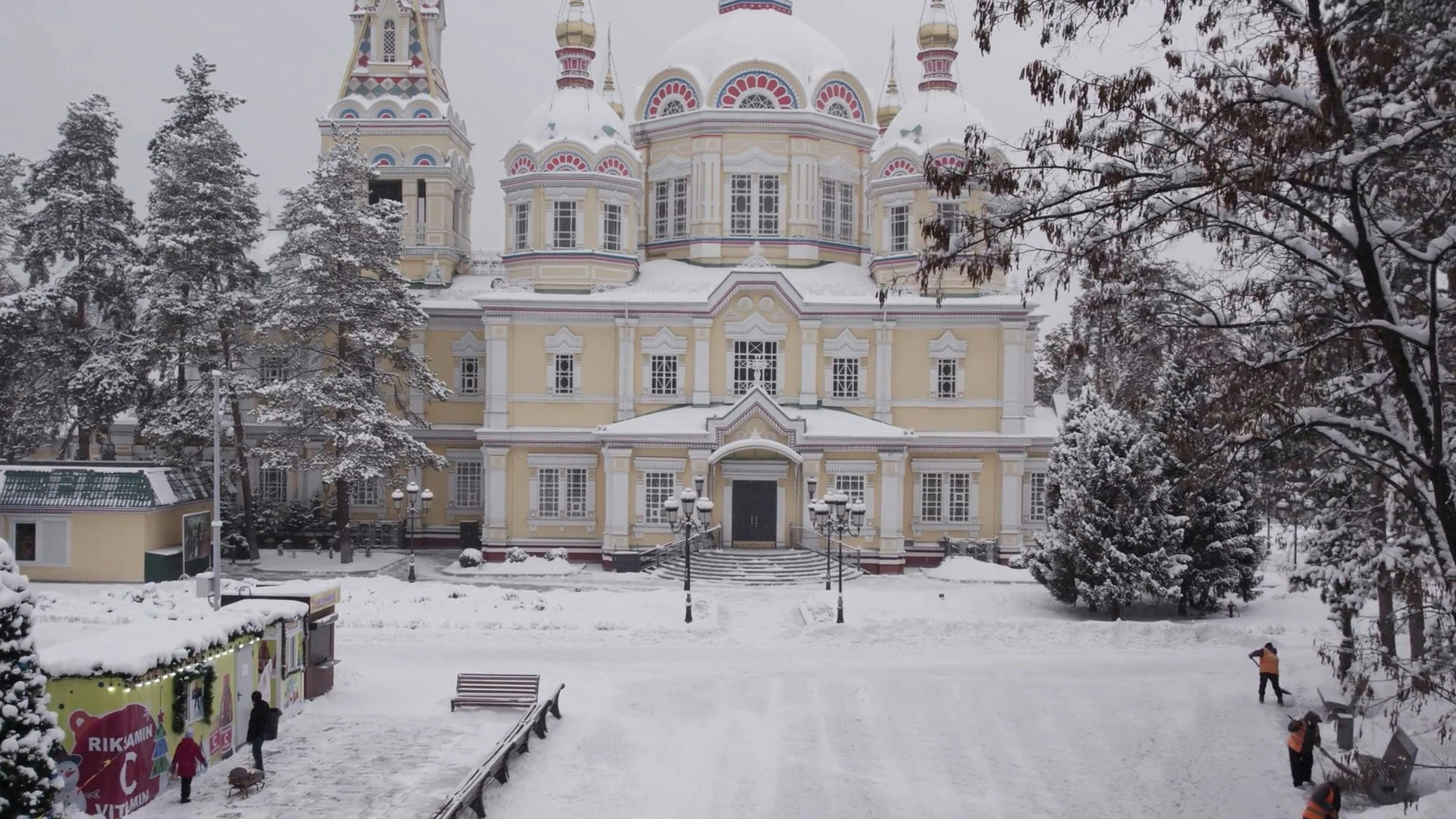 An Aerial Footage of Zenkov's Cathedral on a Snow Covered Ground Free ...