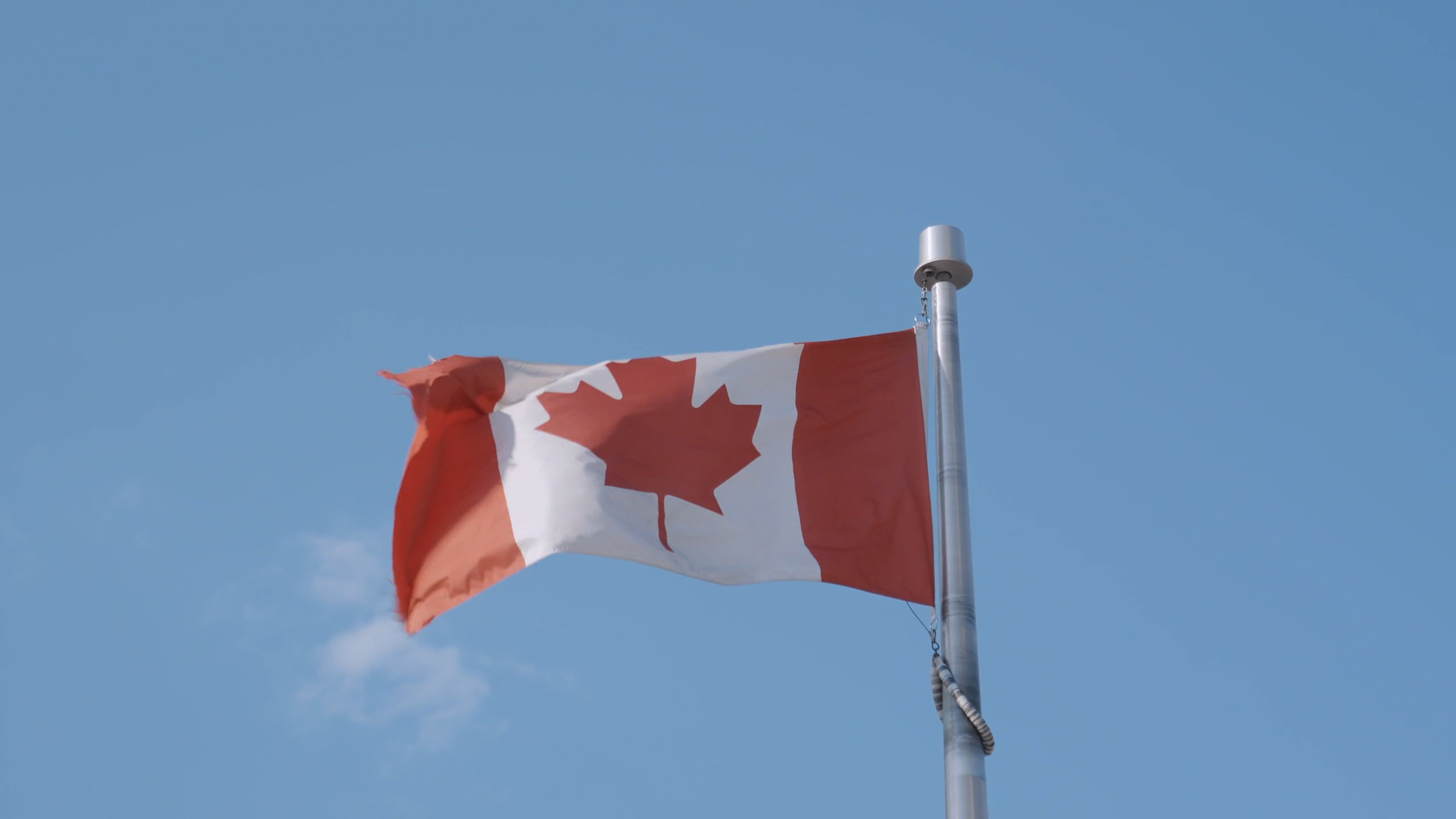 The Canadian Flag Waving on a Pole against a Blue Sky Free Stock Video ...