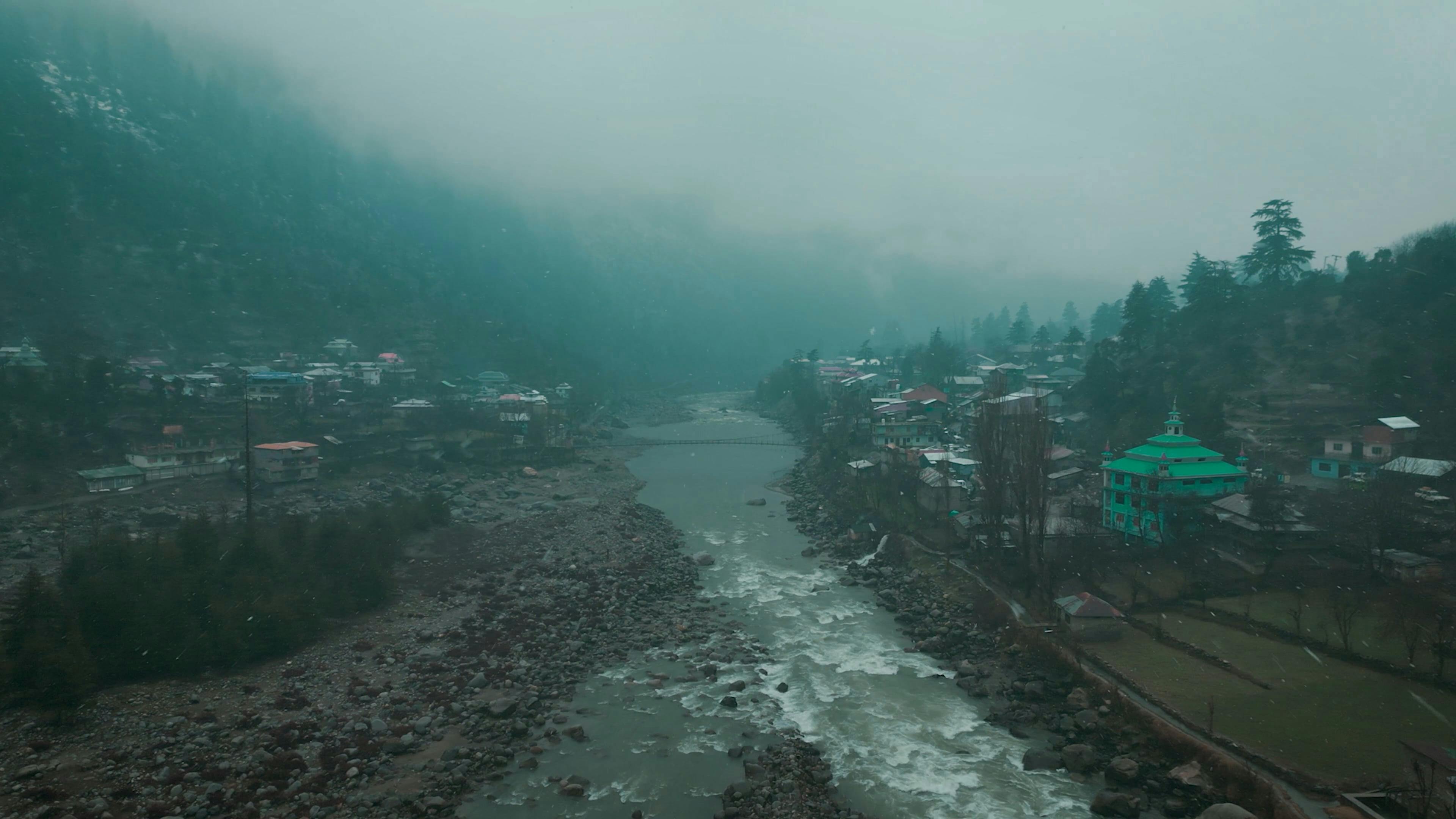 Drone Video of a Mountain River and a Village on a Rainy Day Free Stock ...