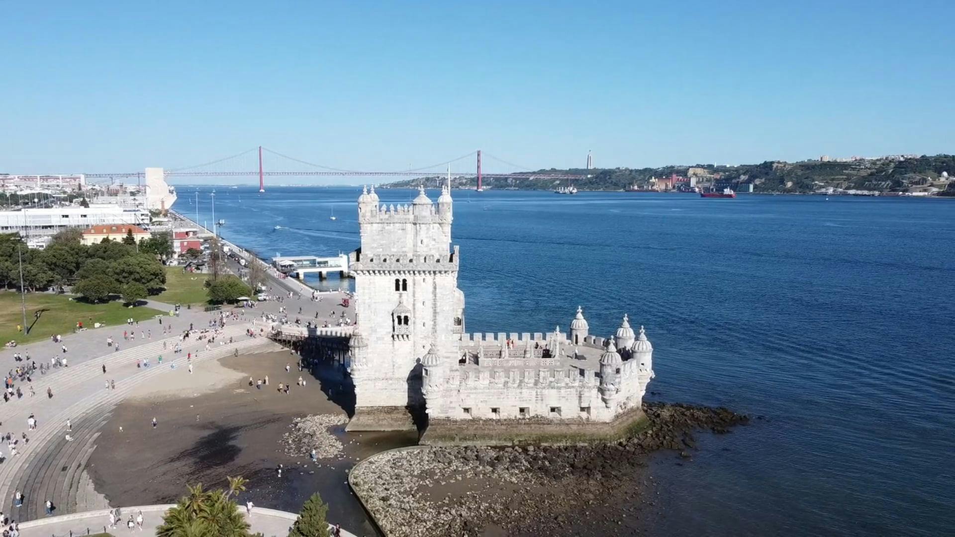Aerial View of Belém Tower in Lisbon, Portugal Free Stock Video Footage ...