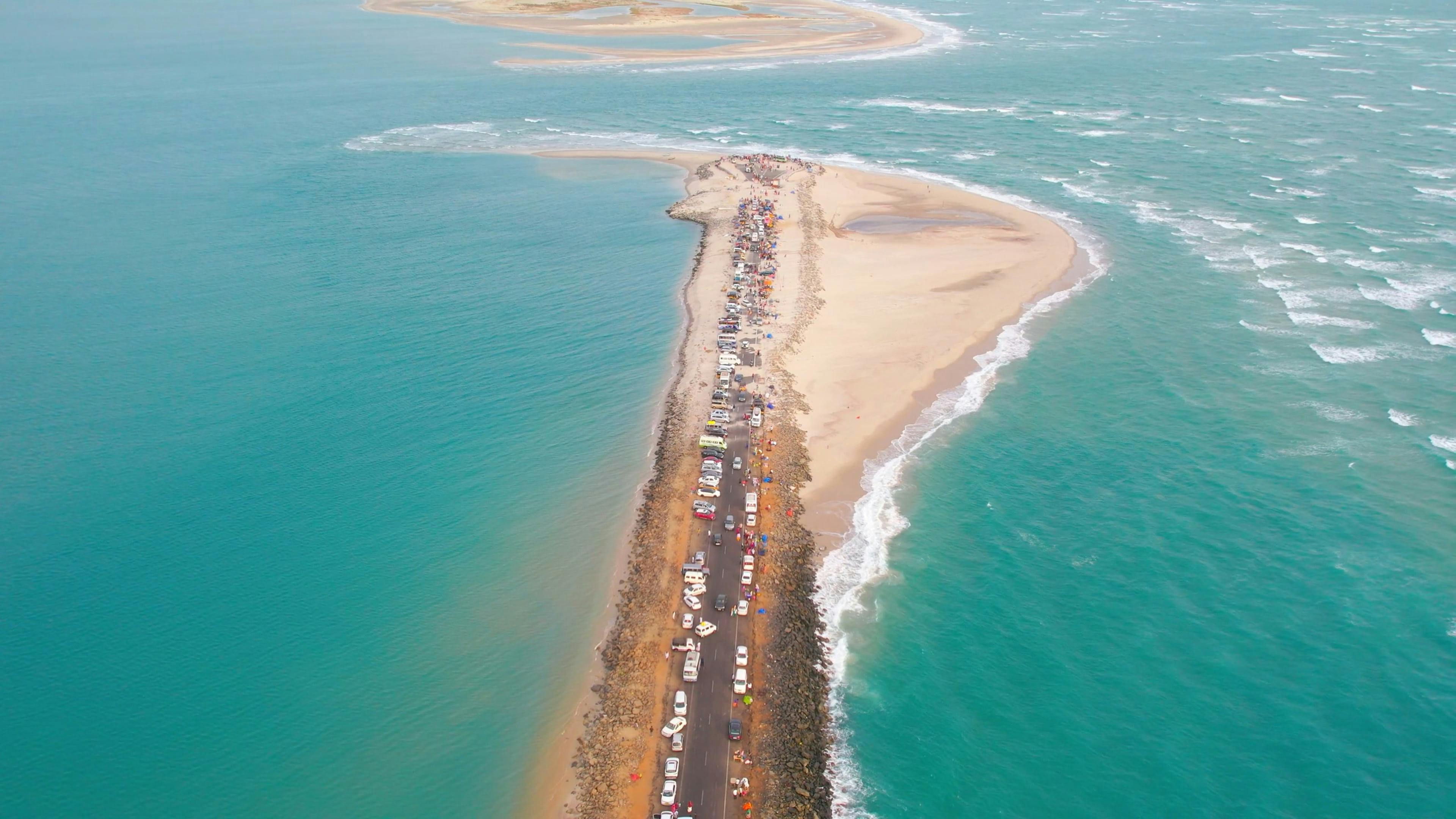 Drone view of last point of India at Dhanushkodi in Rameshwaram, India ...