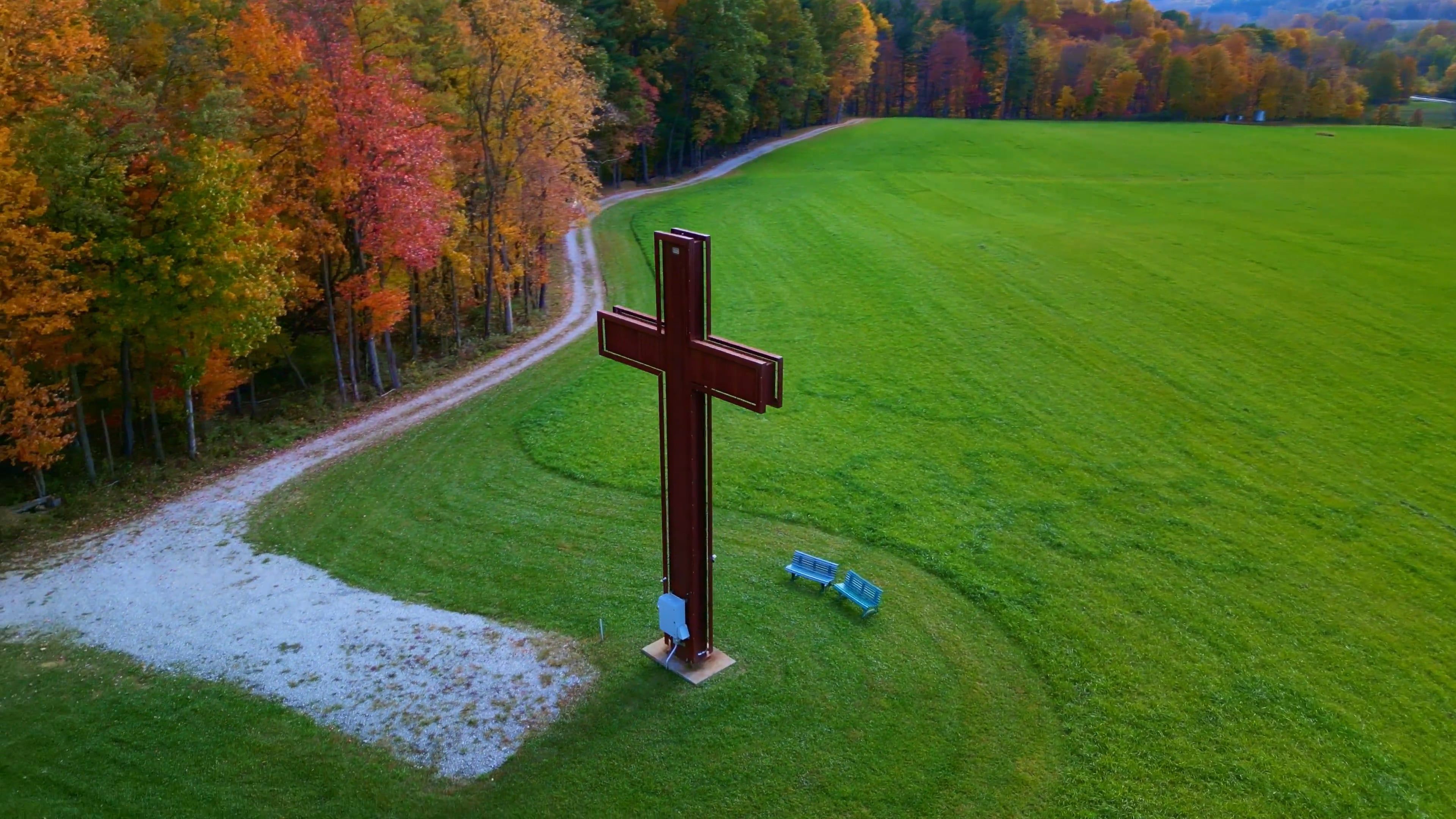 Aerial View of Cross in Autumn Landscape Free Stock Video Footage ...