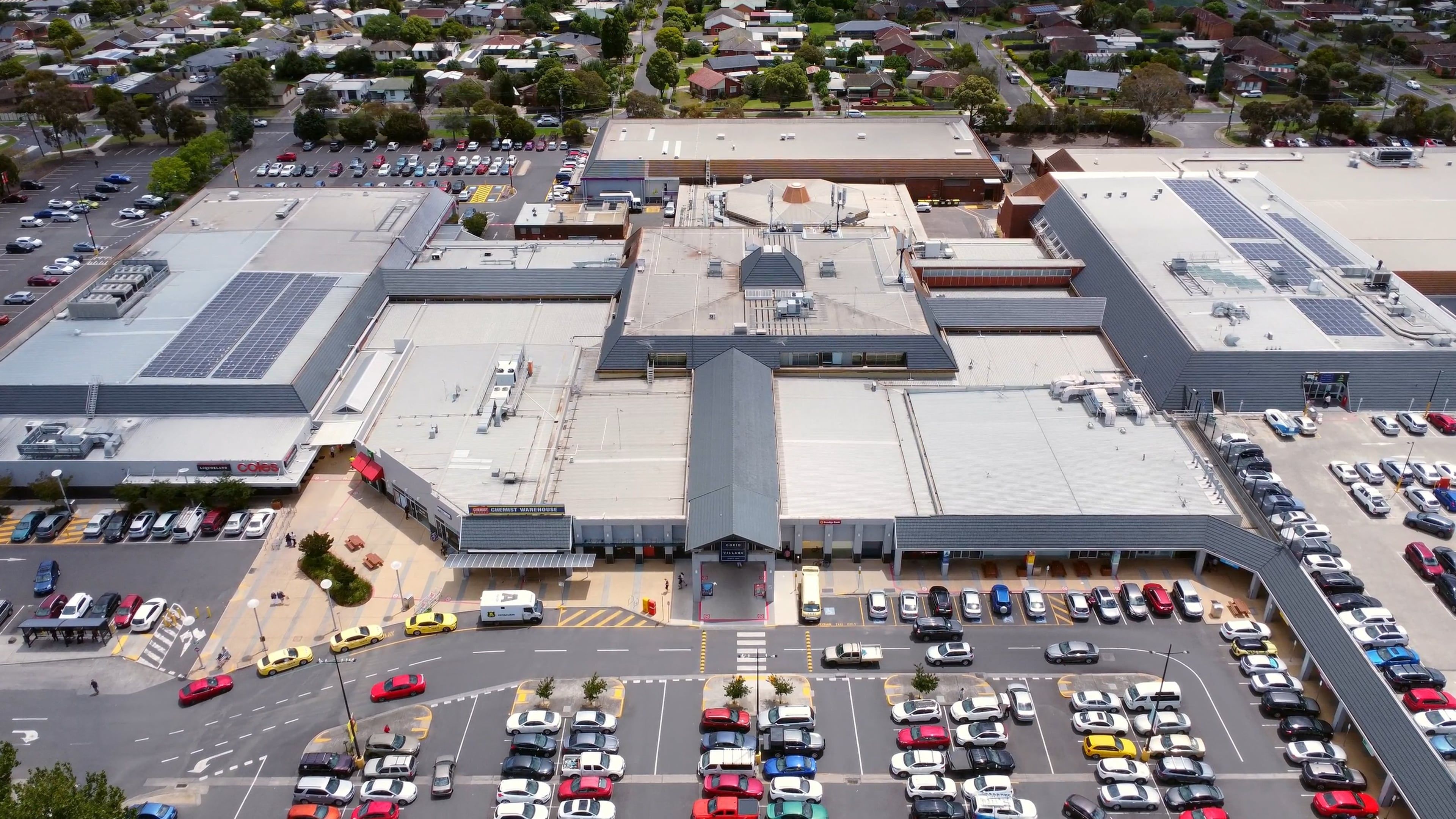 An aerial view of a large roof with solar panels Free Stock Video ...