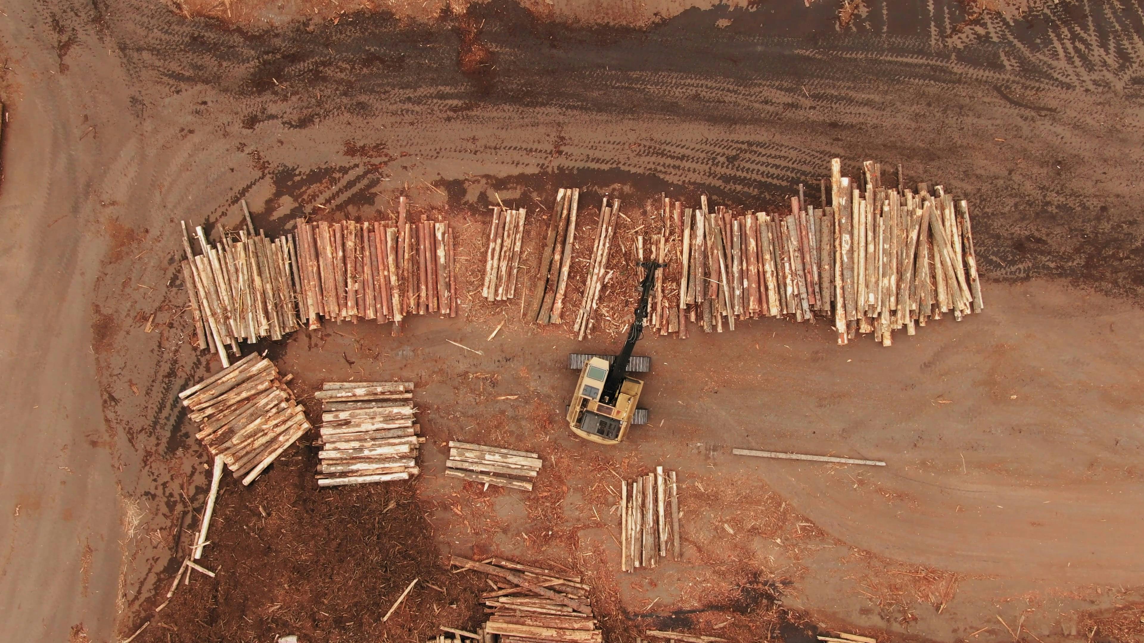 From Above Footage Of A Timber Loader Picking Up And Transferring Log ...