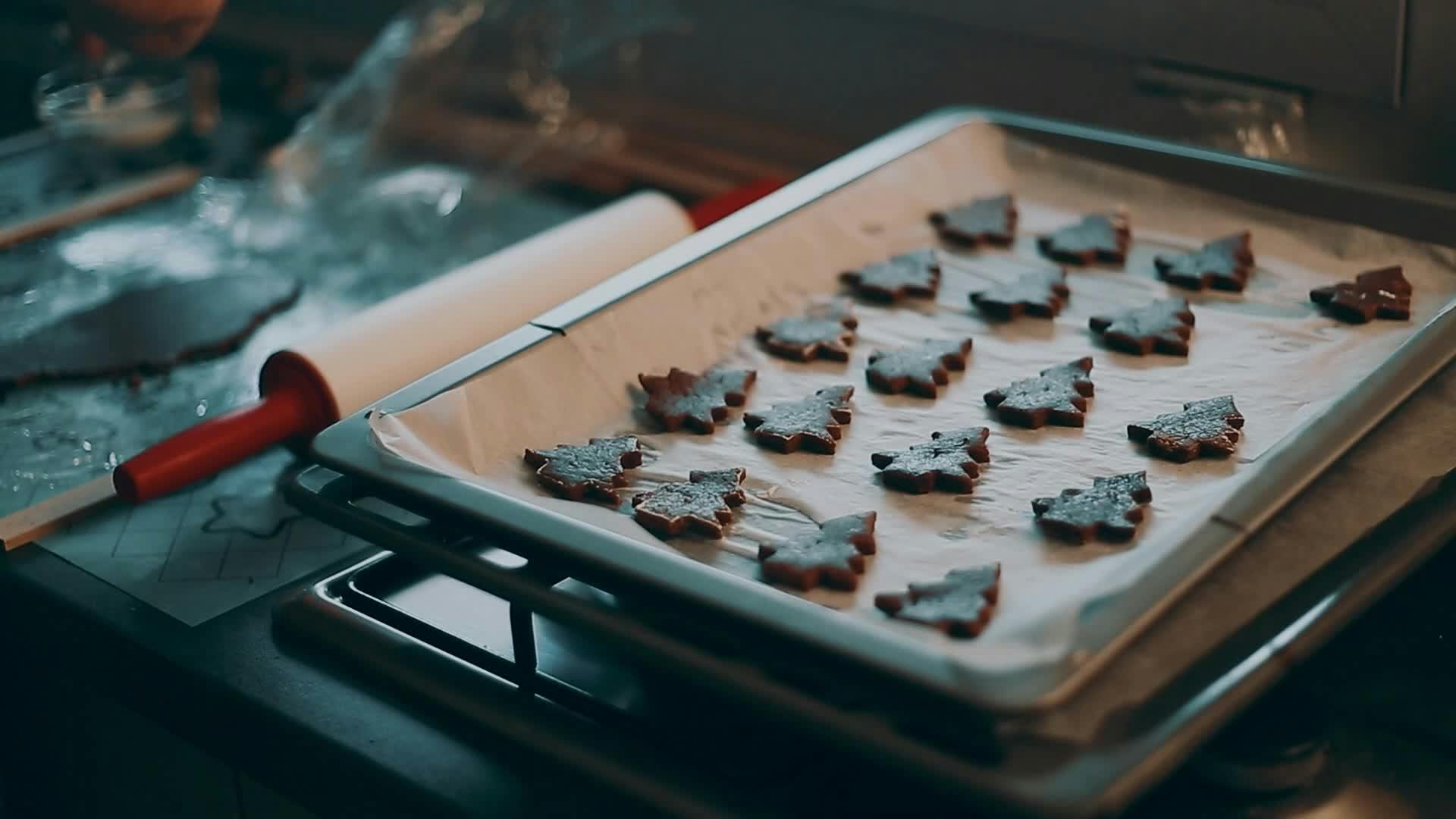 A baking sheet with cookies on it in the kitchen Free Stock Video ...