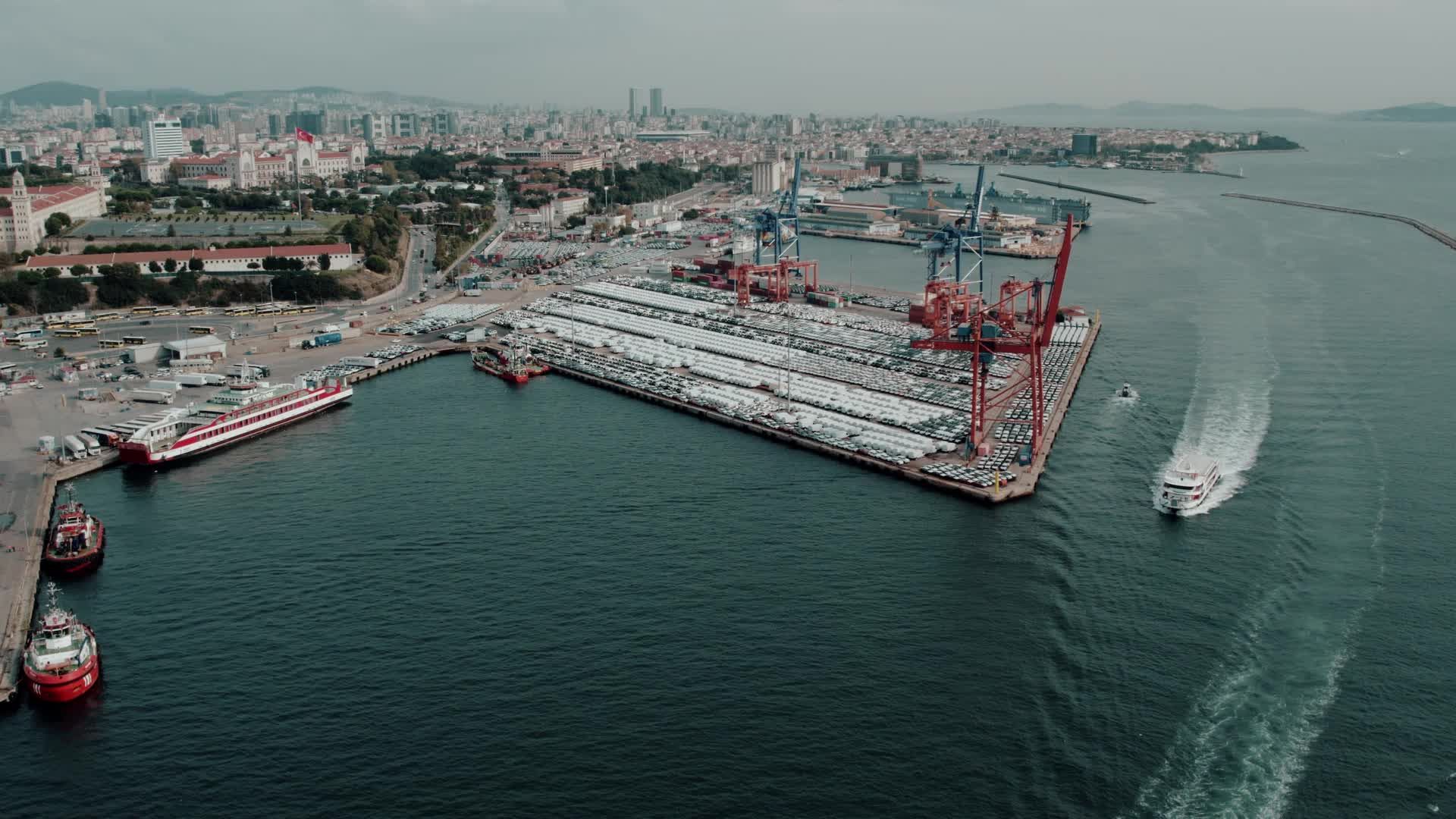Aerial View of Bustling Industrial Seaport Free Stock Video Footage ...