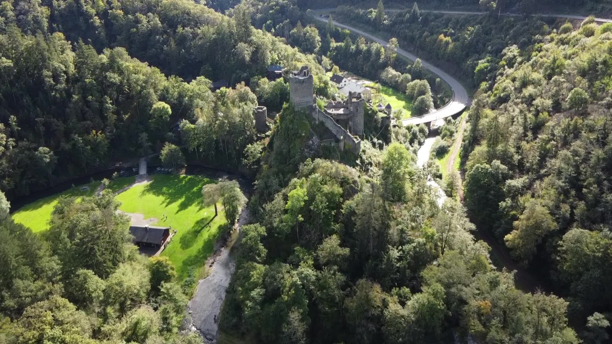 Drone Aerial View of Manderscheid Castle Surrounded by Forest Free ...