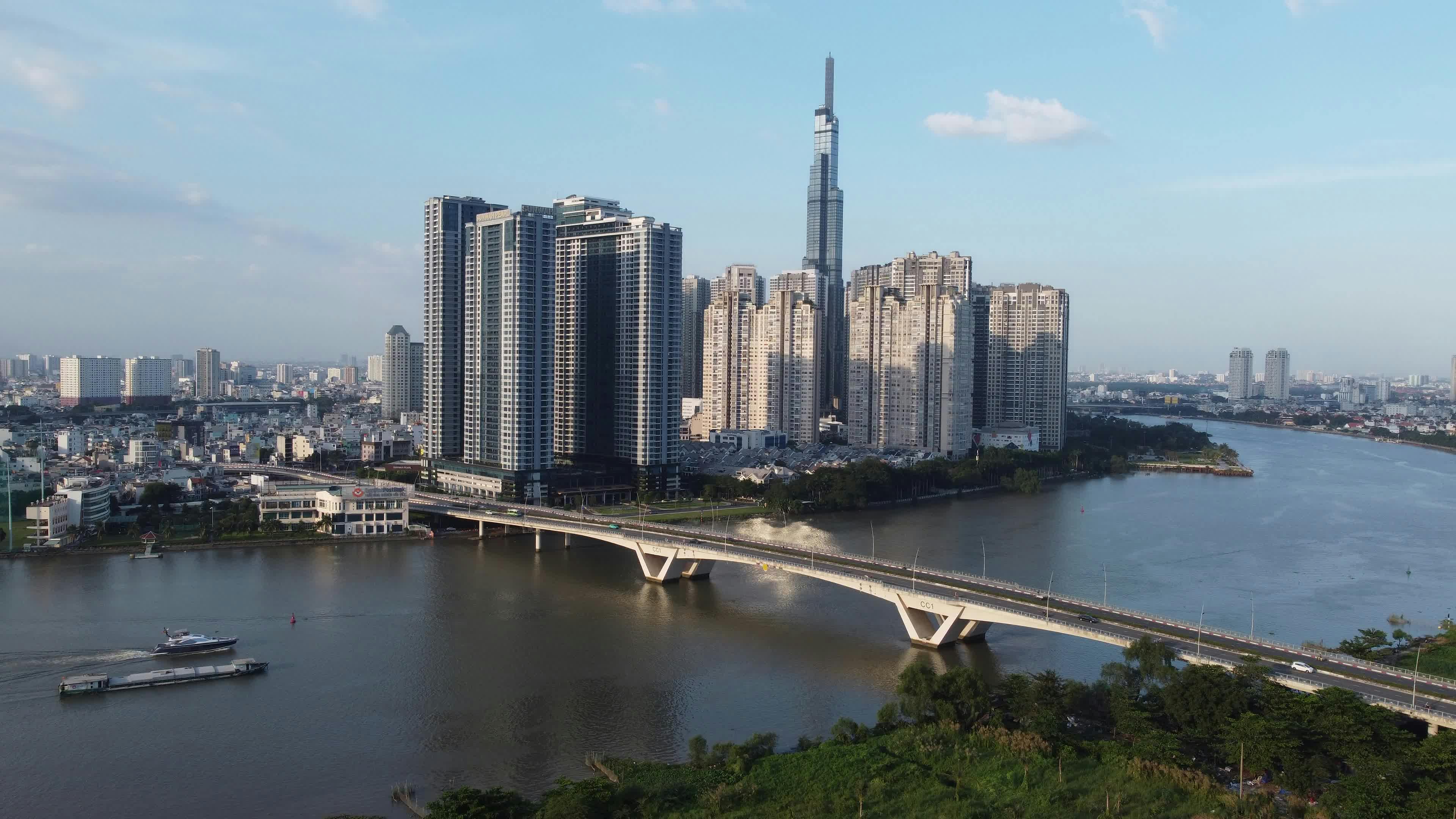 Aerial View of Landmark 81 and Saigon River Bridge Free Stock Video ...
