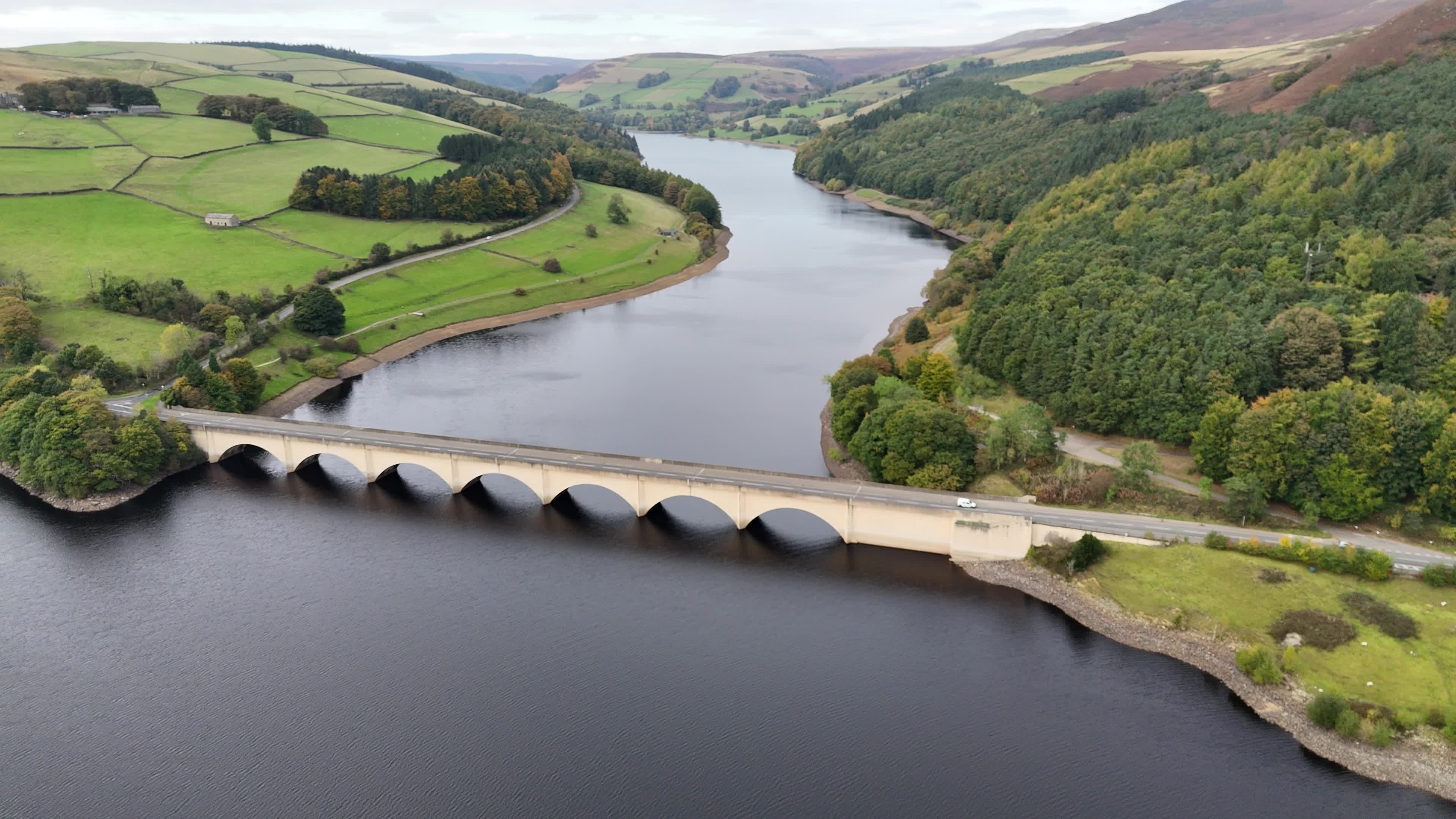 Scenic Aerial View of Derwent Reservoir Bridge Free Stock Video Footage ...