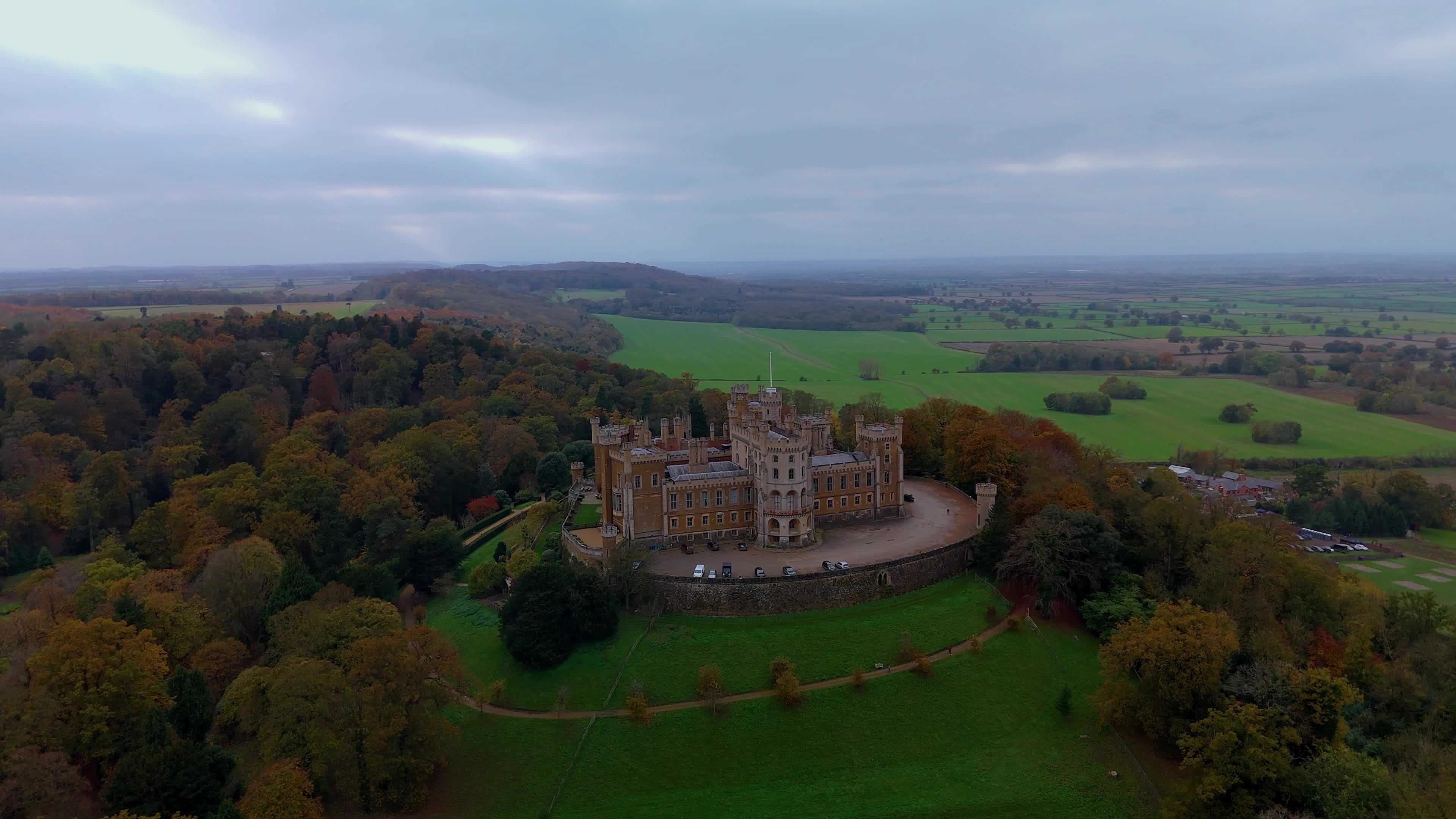 Majestic Aerial View of Historic Castle in Fall Free Stock Video ...