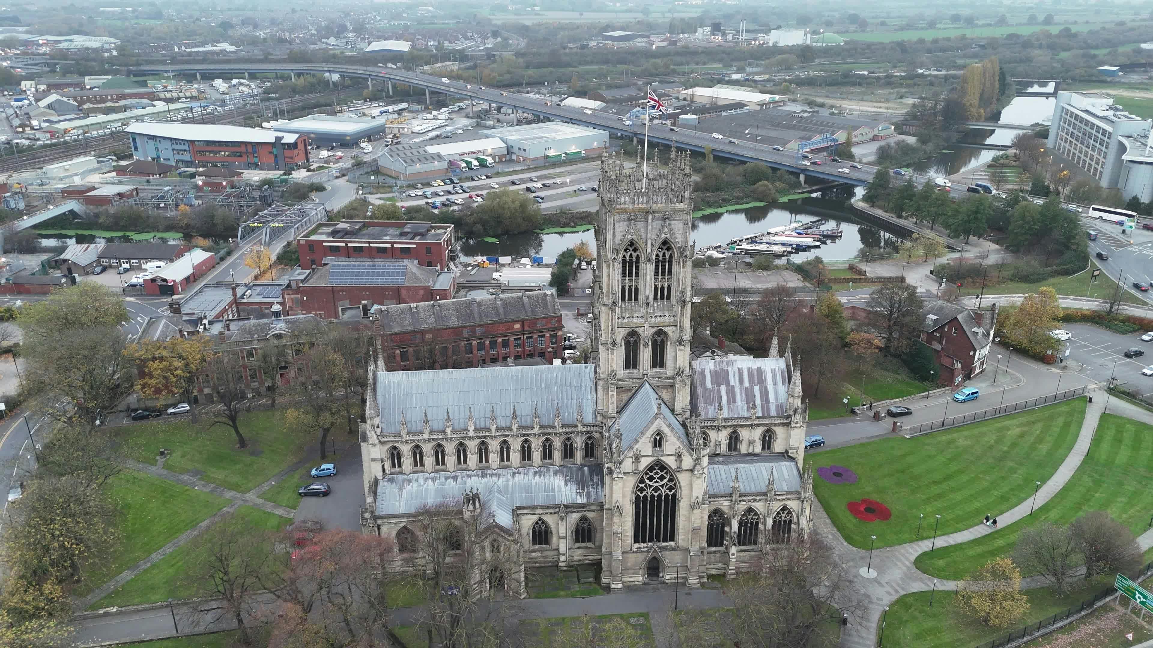 Drone Aerial View of Doncaster Minster in Autumn Free Stock Video ...