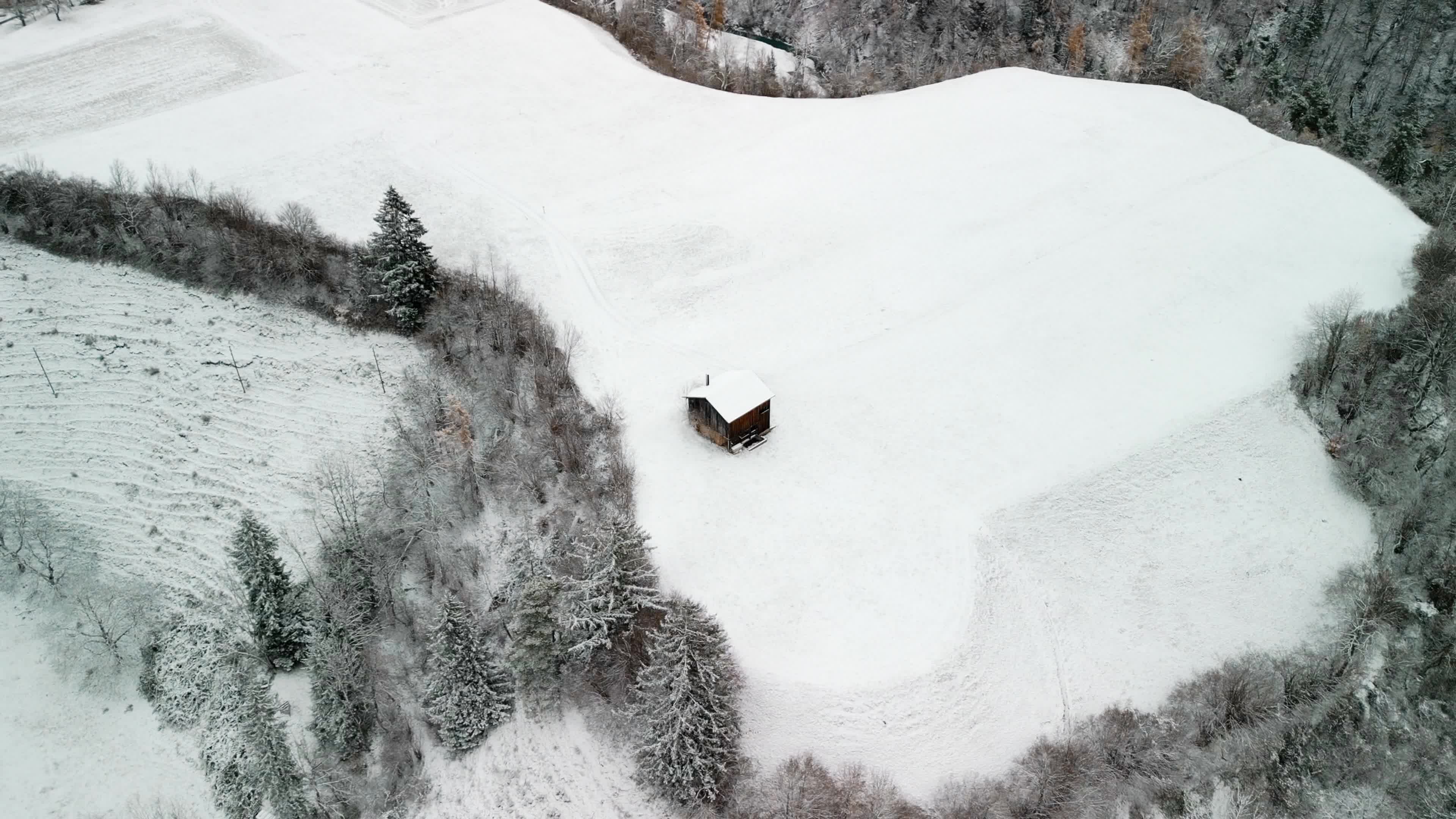 Snowy Landscape with Isolated Cabin Aerial View Free Stock Video ...