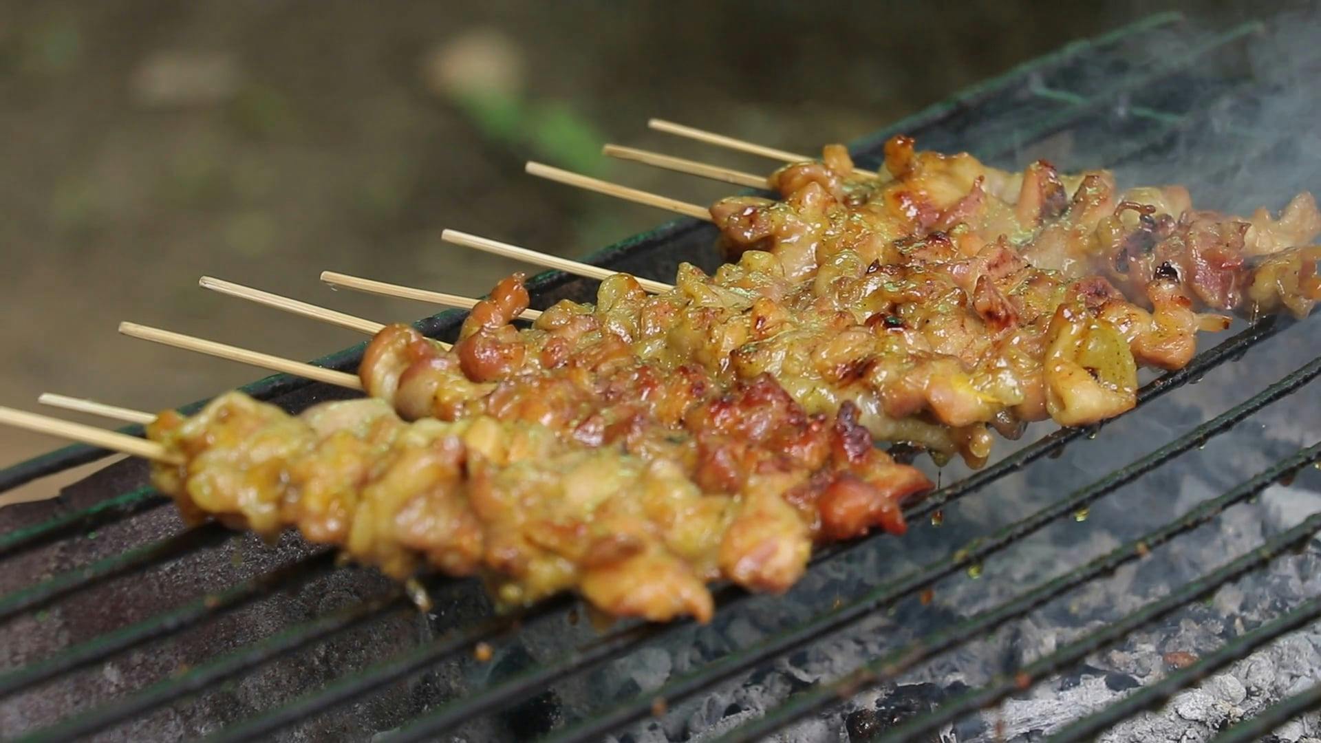Cooking Barbecue On Stick In A Charcoal Grill · Free Stock Video