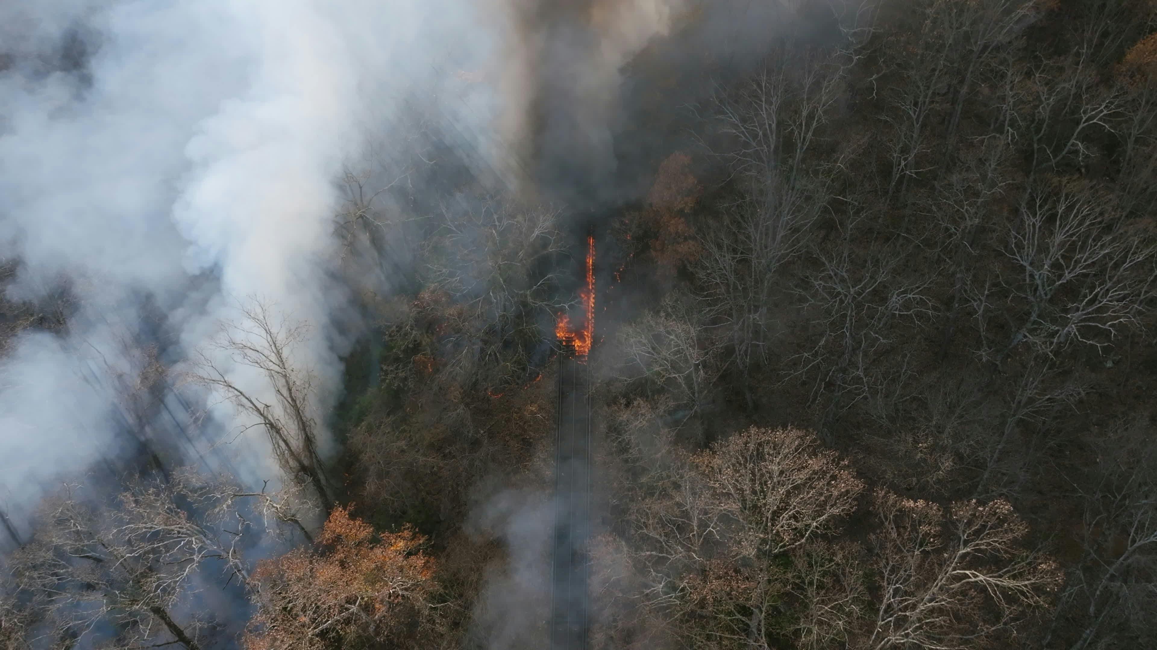 Aerial View of Forest Fire Through Dense Smoke Free Stock Video Footage ...