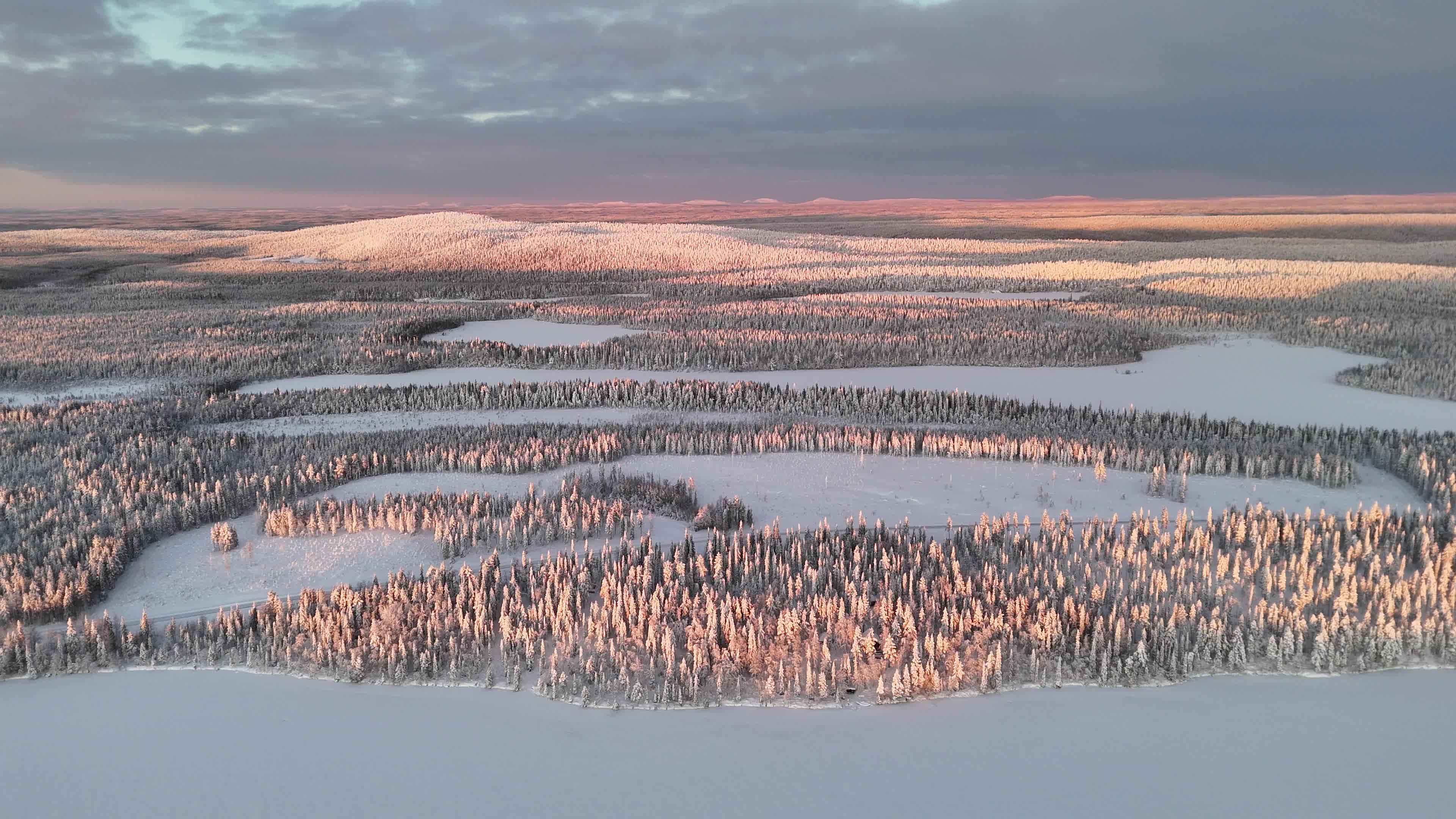 Aerial View of Snowy Forest and Lakes at Sunrise Free Stock Video ...
