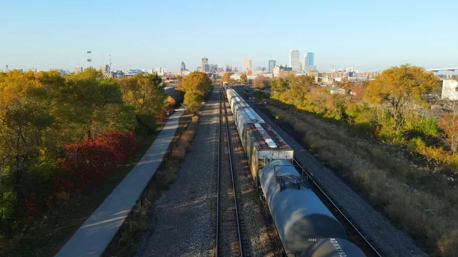Aerial View of Autumn Train in Milwaukee Skyline Free Stock Video ...