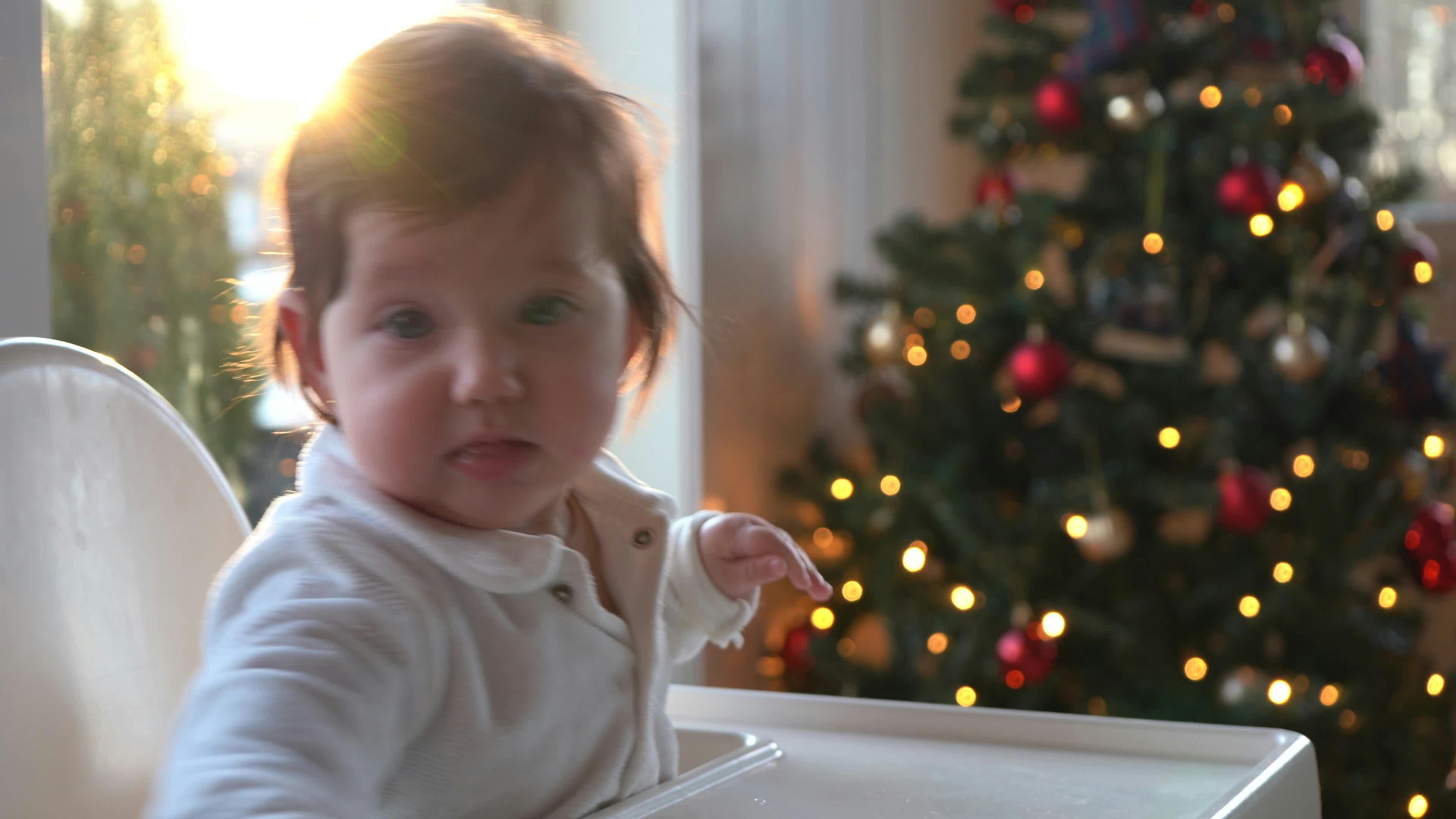 Adorable Baby by Christmas Tree in Warm Light Free Stock Video Footage ...