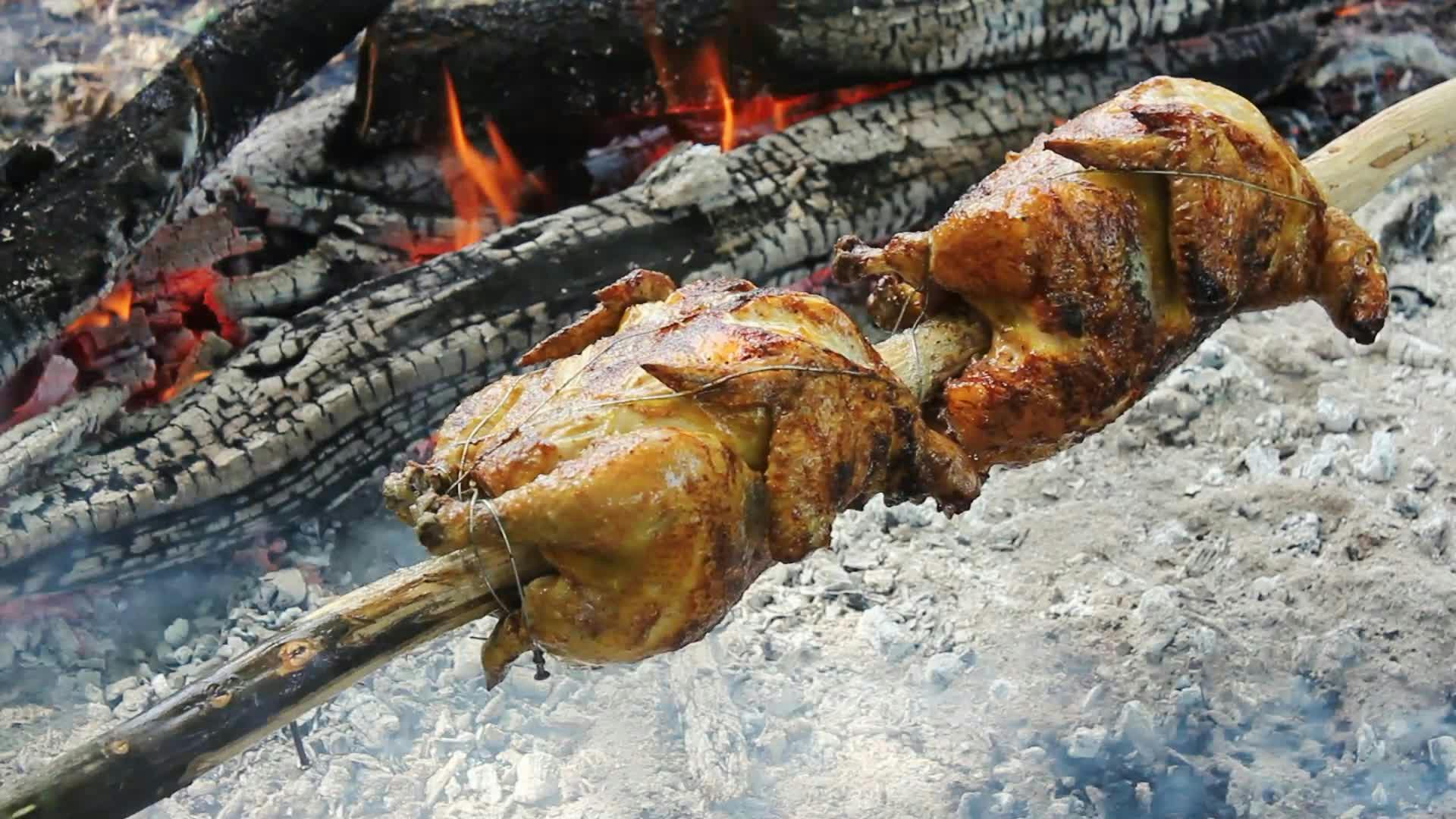 Delicious Campfire Roasted Chickens on Spit Free Stock Video Footage ...