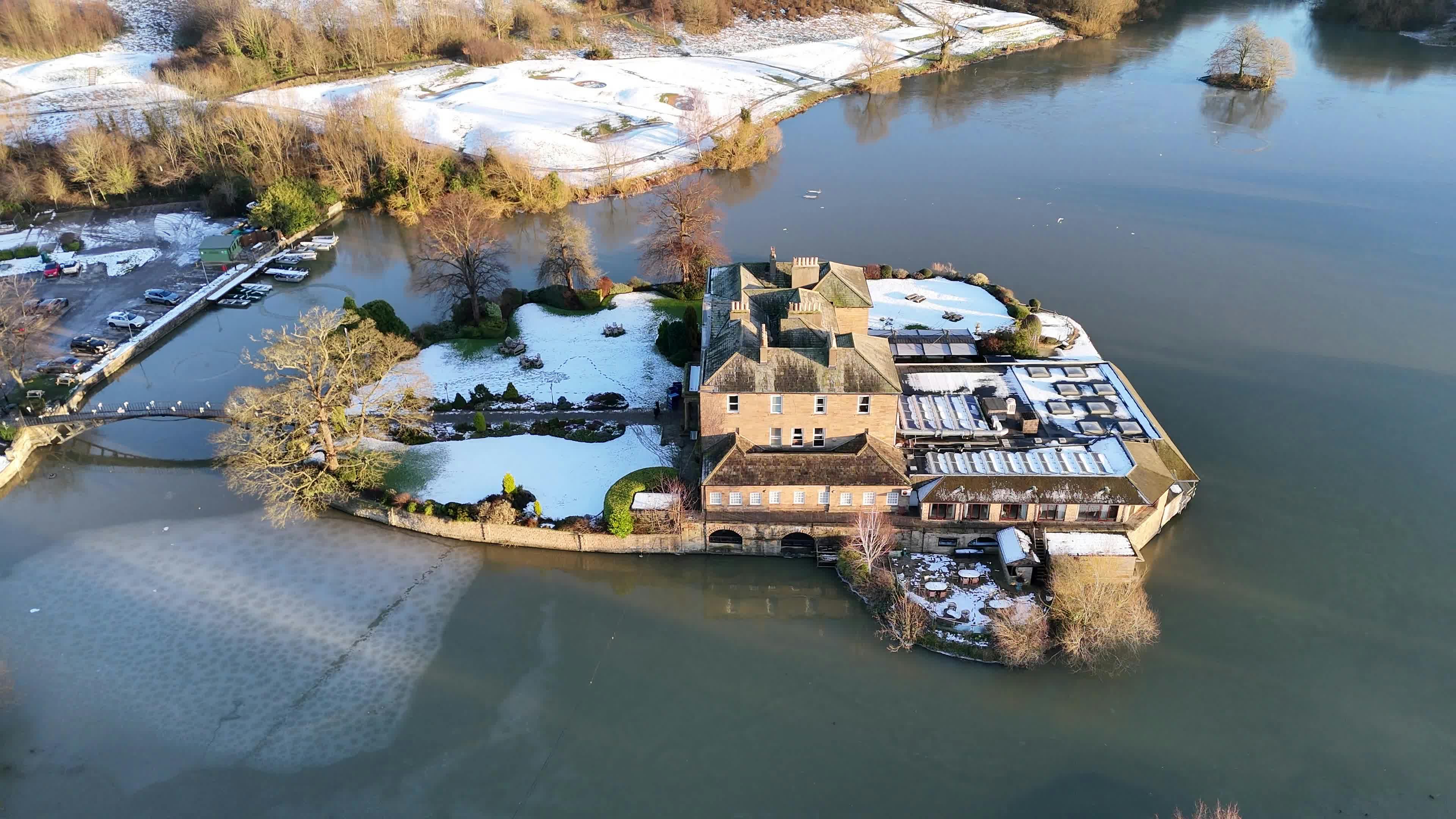 Aerial Winter View of Historic Riverside Mansion Free Stock Video ...